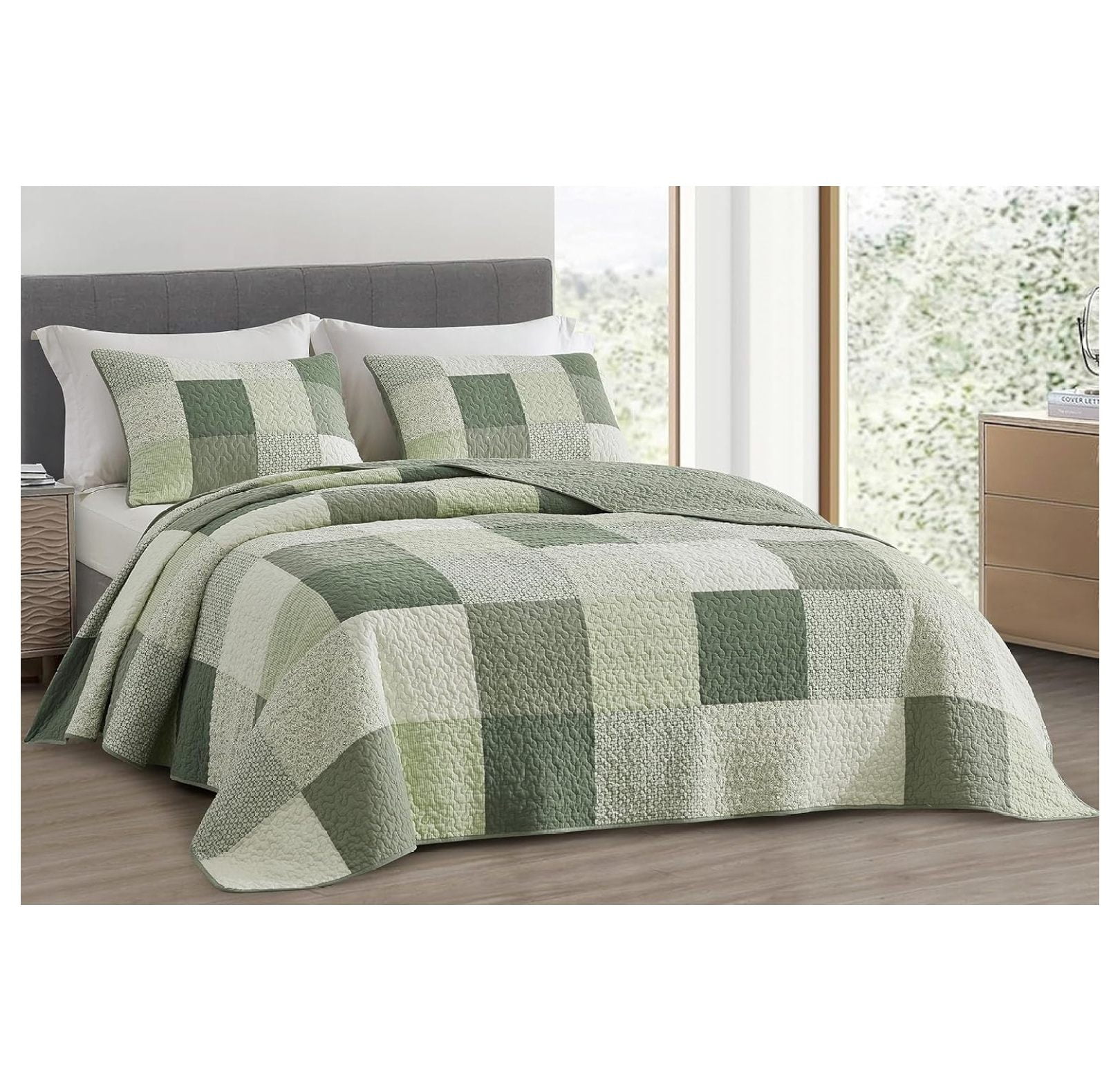 Orna 2-Piece Chic Patchwork Quilt Set - Green Floral Patch Coverlet ...