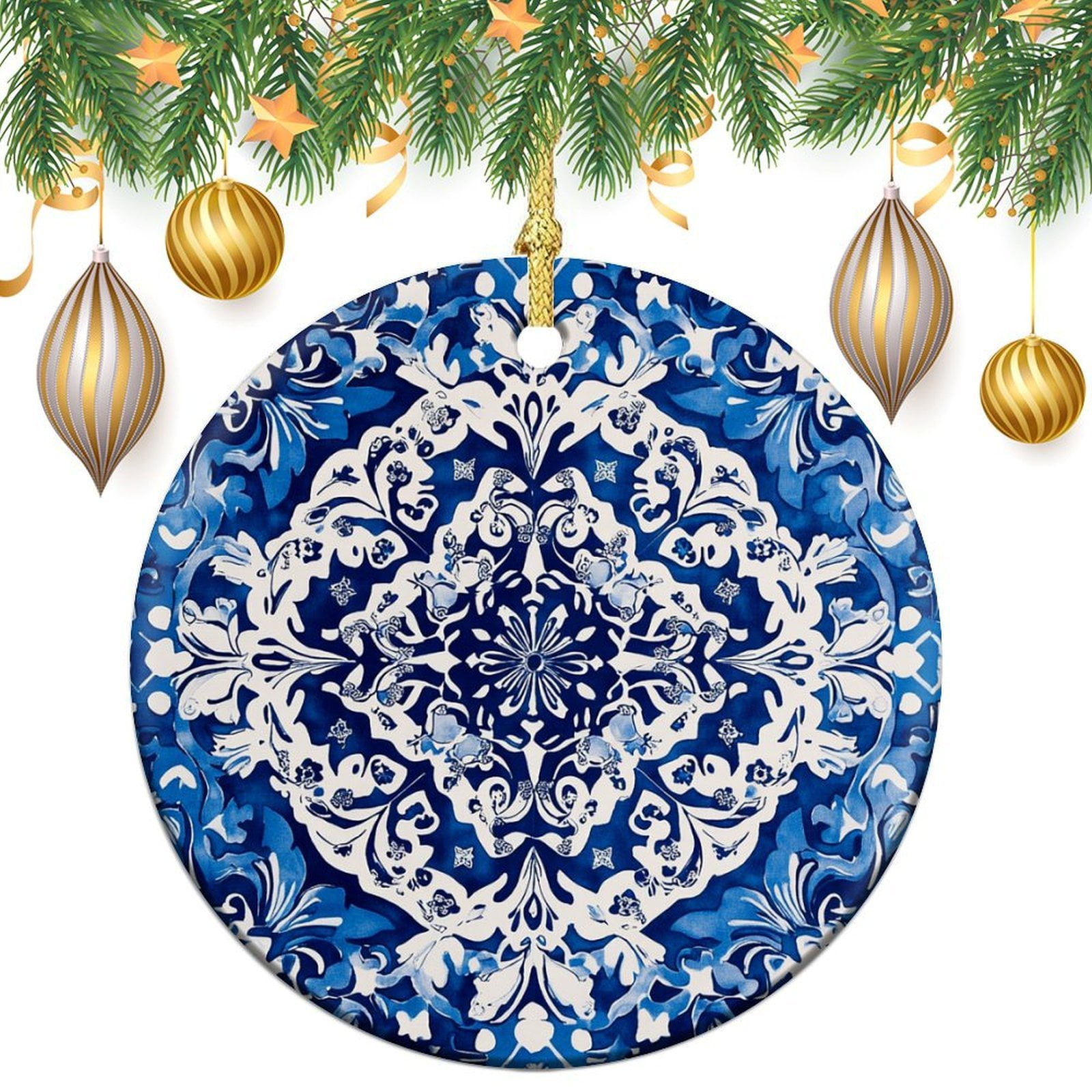 Ornament Ancient Textile Design Blue White 3" Circle Ceramic Ornament ...