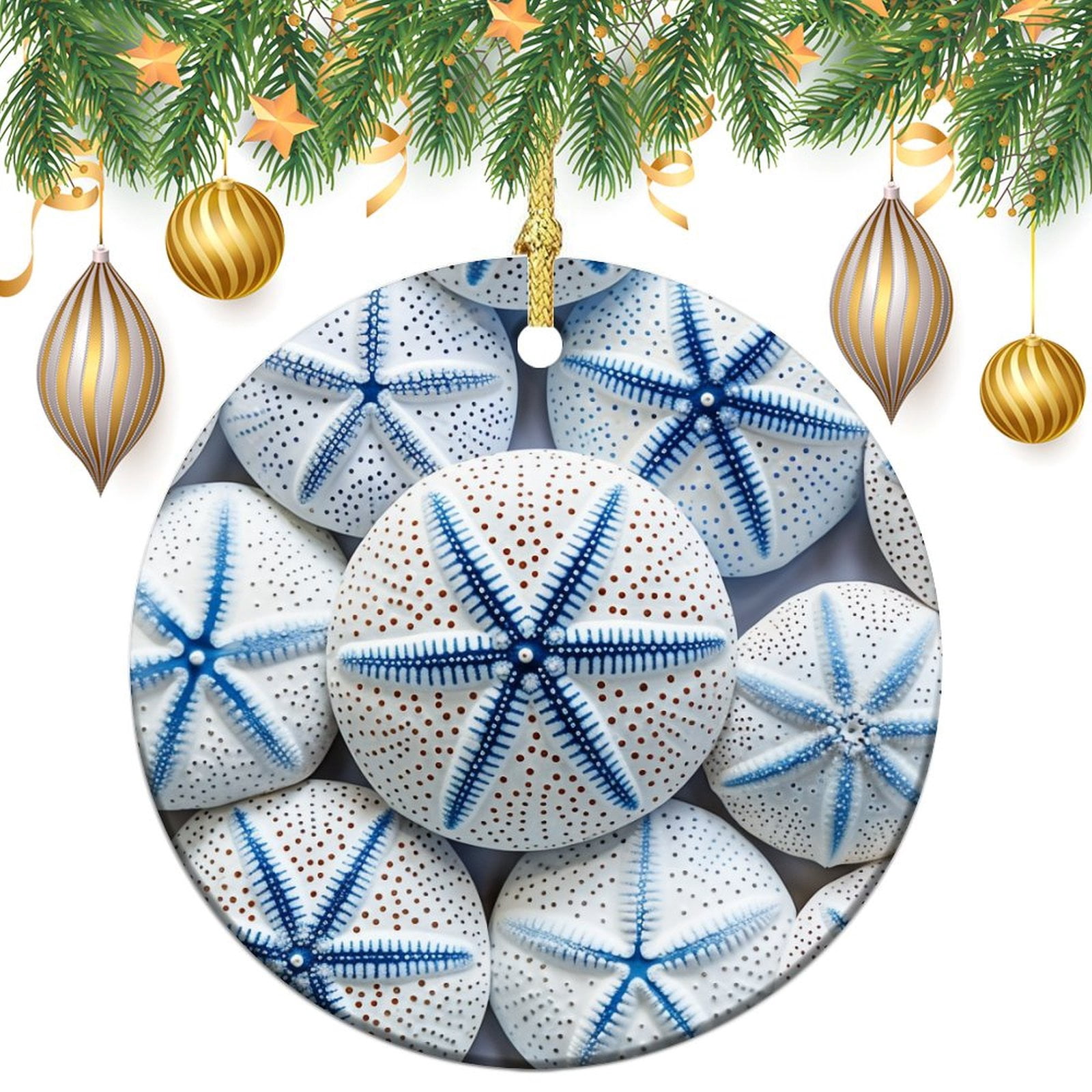 Ornament Beach Starfish Sand Dollar Modern Blue White Double-Sided ...