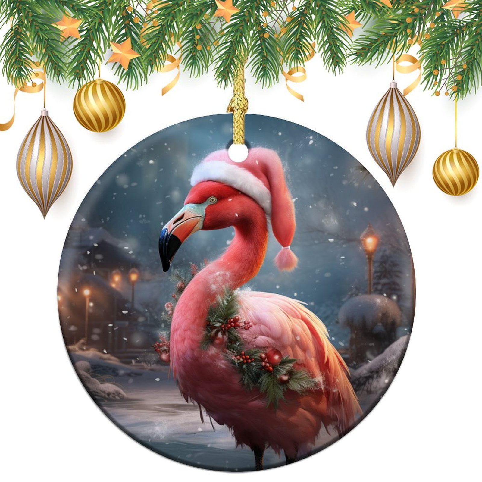 Ornament Fancy Flamingo Ready For Christmas Double Sided Porcelain 3 ...