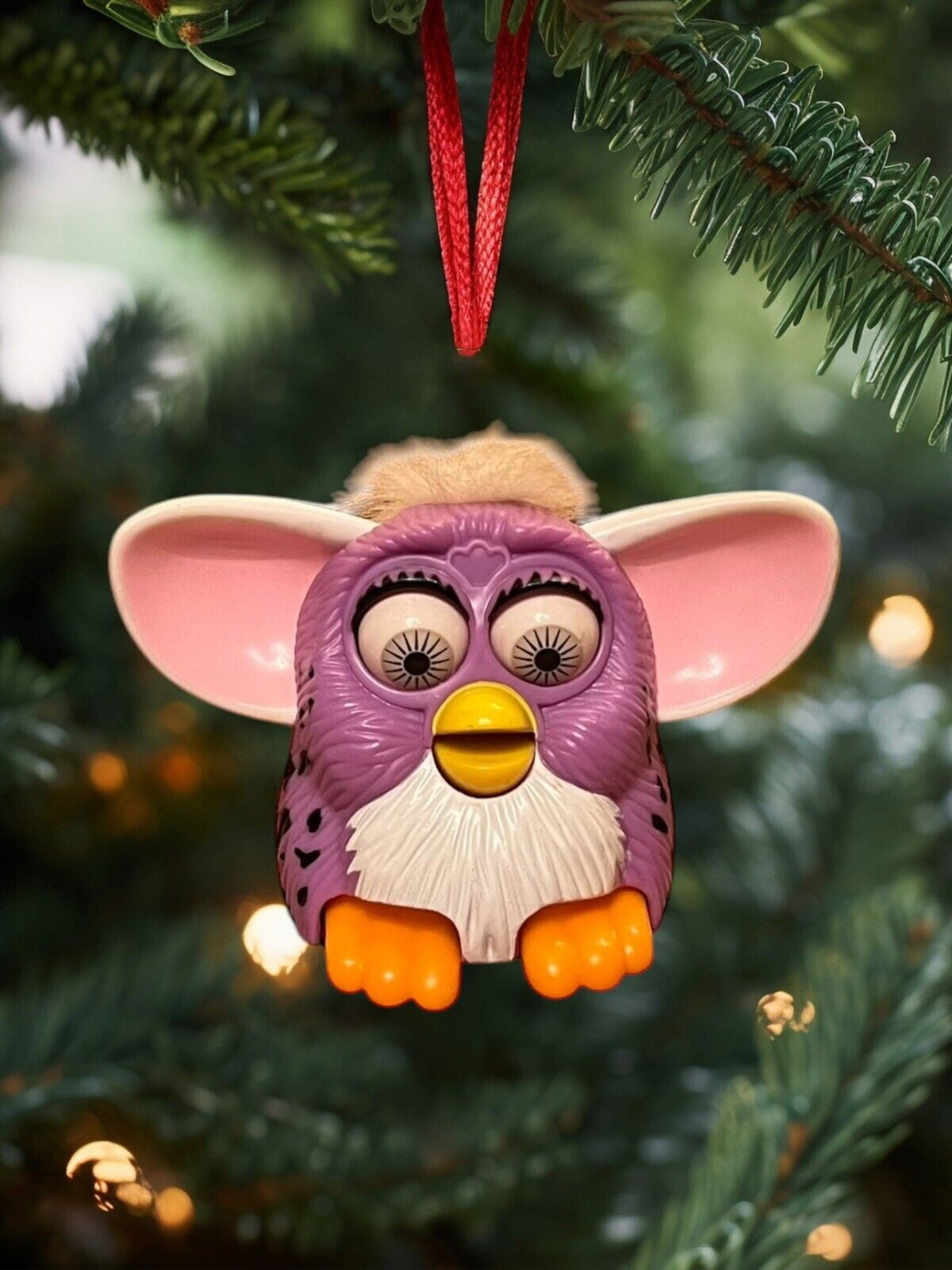 Ornament Furby Purple Body Black Spots White Hair Gray Eyes Orange Feet ...