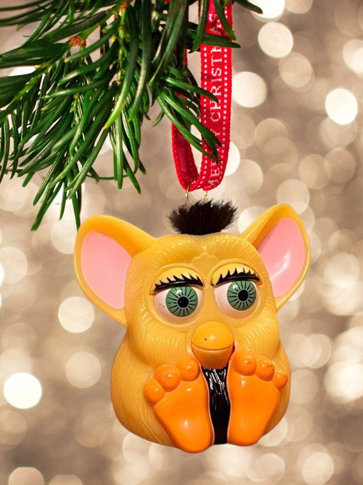 Ornament Furby Yellow Body Black Hair Green Eyes Orange Feet Black ...