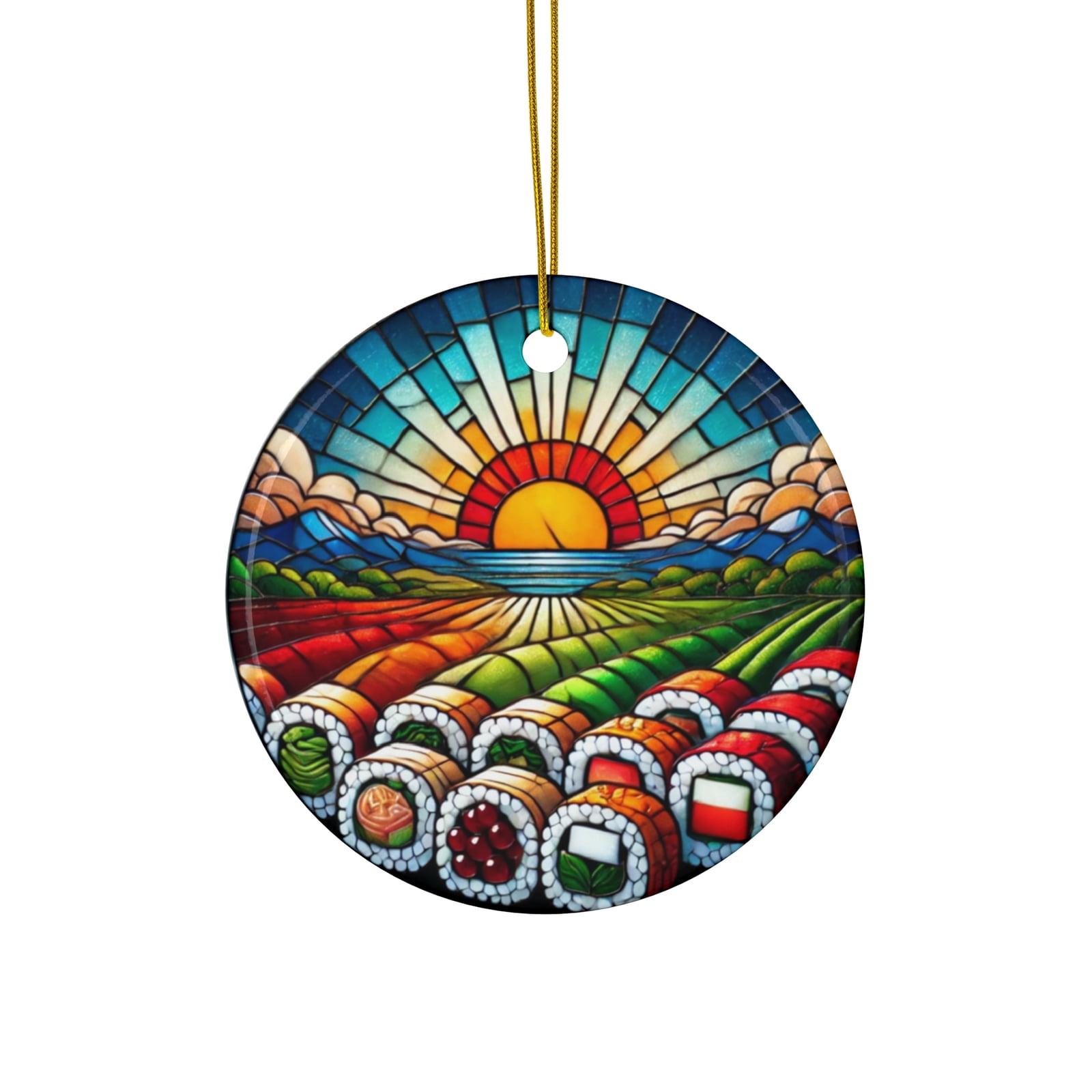 Ornament Stained Glass Style Sushi Landscape - Sunrise Farm Fields ...