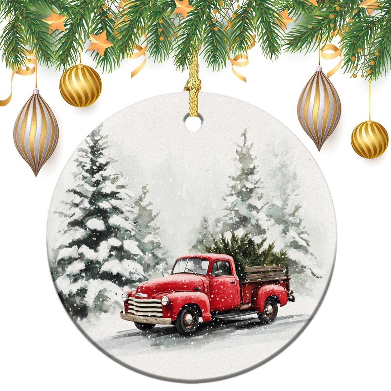 Ornament Vintage Red Truck with Christmas Trees Ceramic Double Sided ...