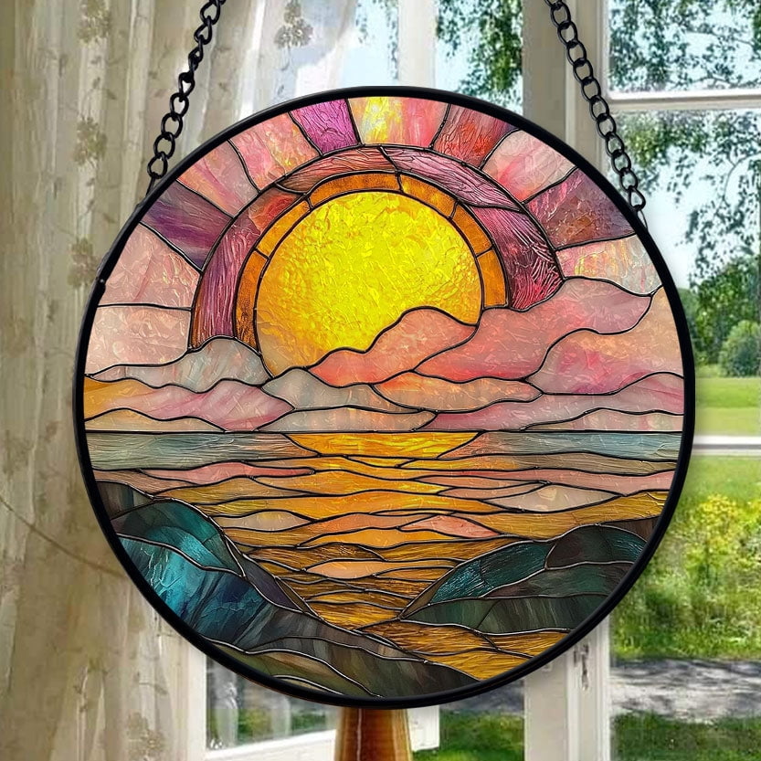 Stained Glass Window Hanging, Sunrise Over The Sea Suncatcher Diamond ...