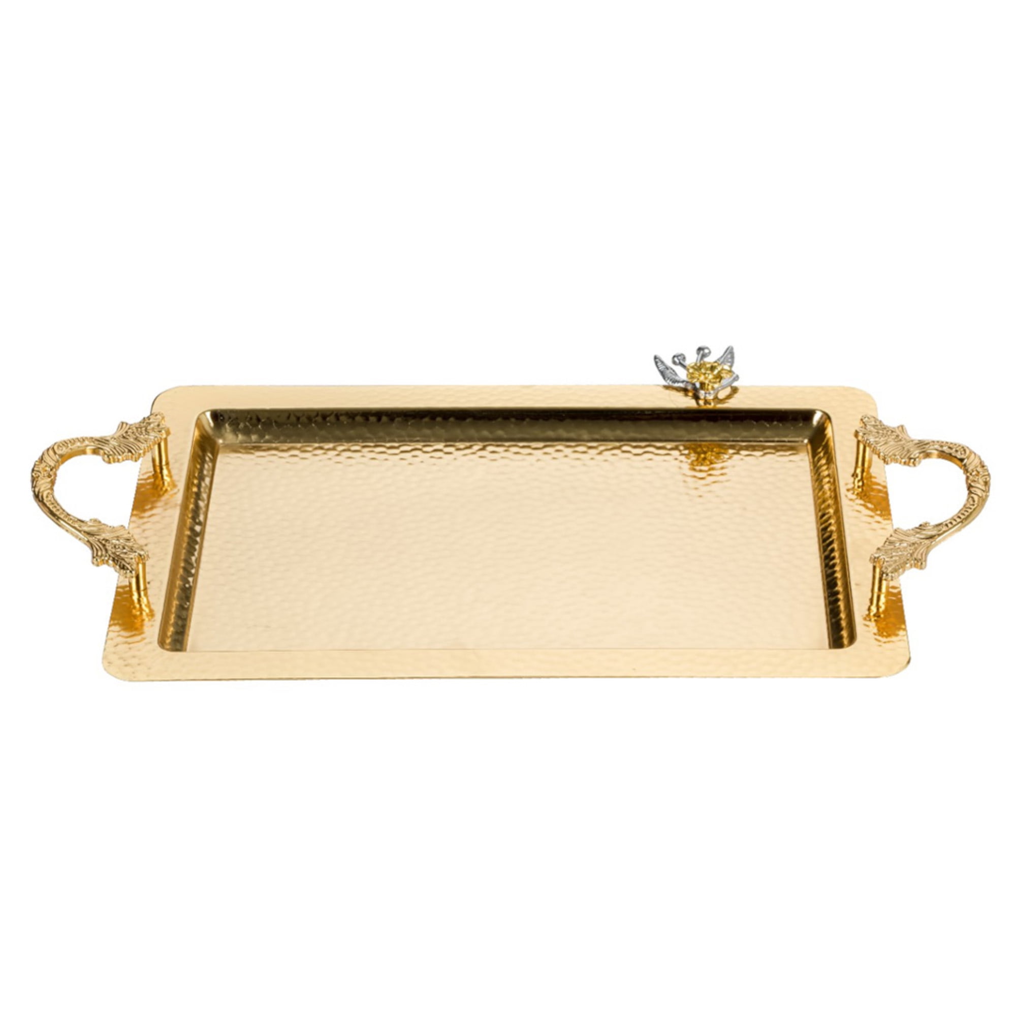 Ornamental Rectangle Gold Serving Tray with Leaf Handles, Hammered ...