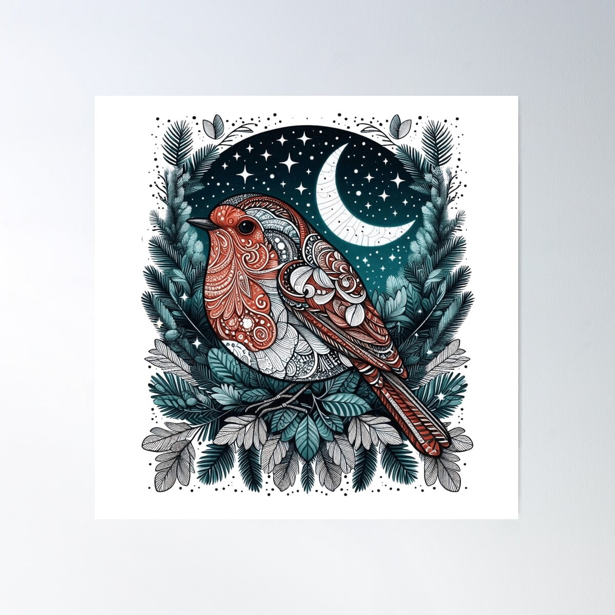 Ornamental Redbreast In A Monnlit - Mystical And Deteiled Bird Art ...