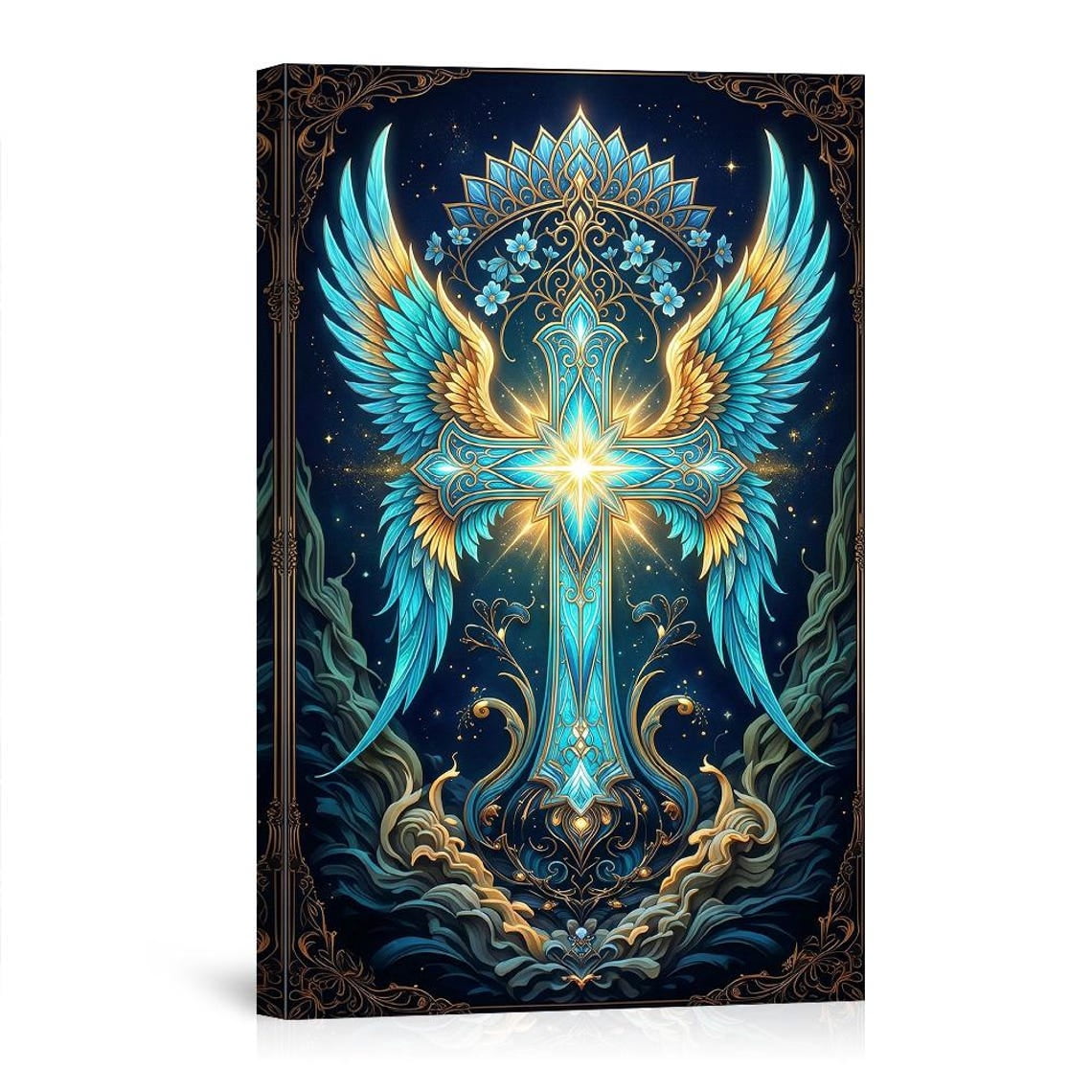 Ornate Angel Wing Cross With Celestial Light Elegant Christian ...