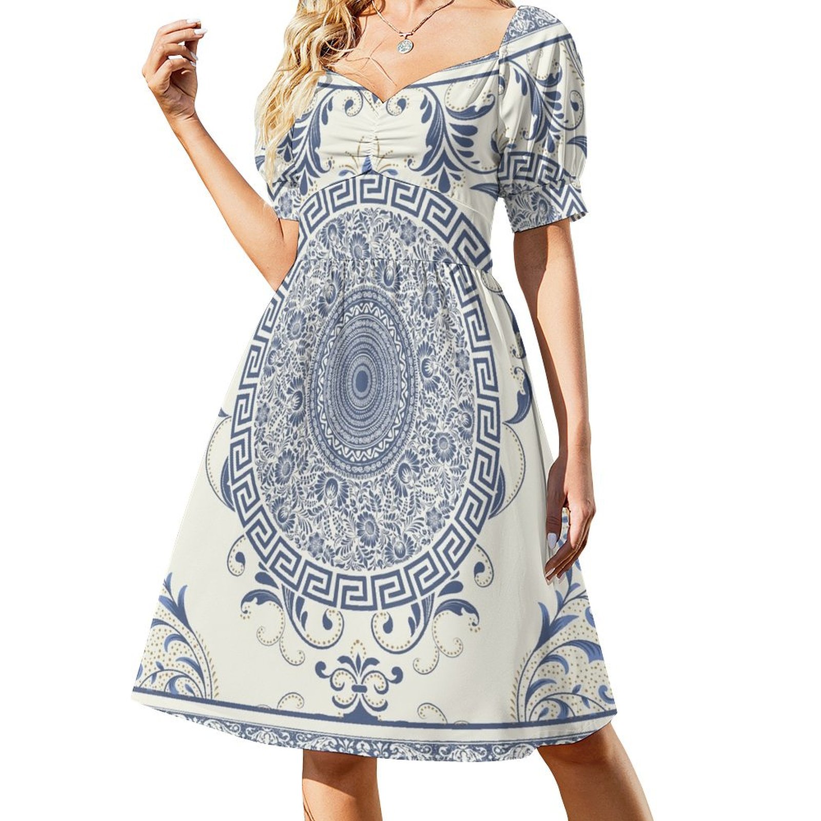 Ornate Baroque Cream Blue Greek Key Dress evening dress Woman clothing ...