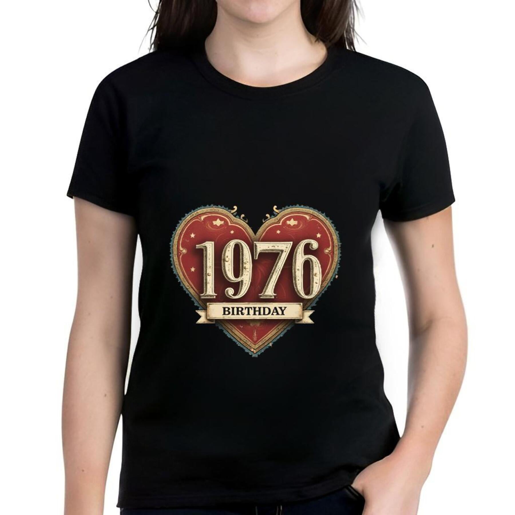 Ornate Black Cotton Short Sleeve T-Shirt with Red & Gold Heart Design ...