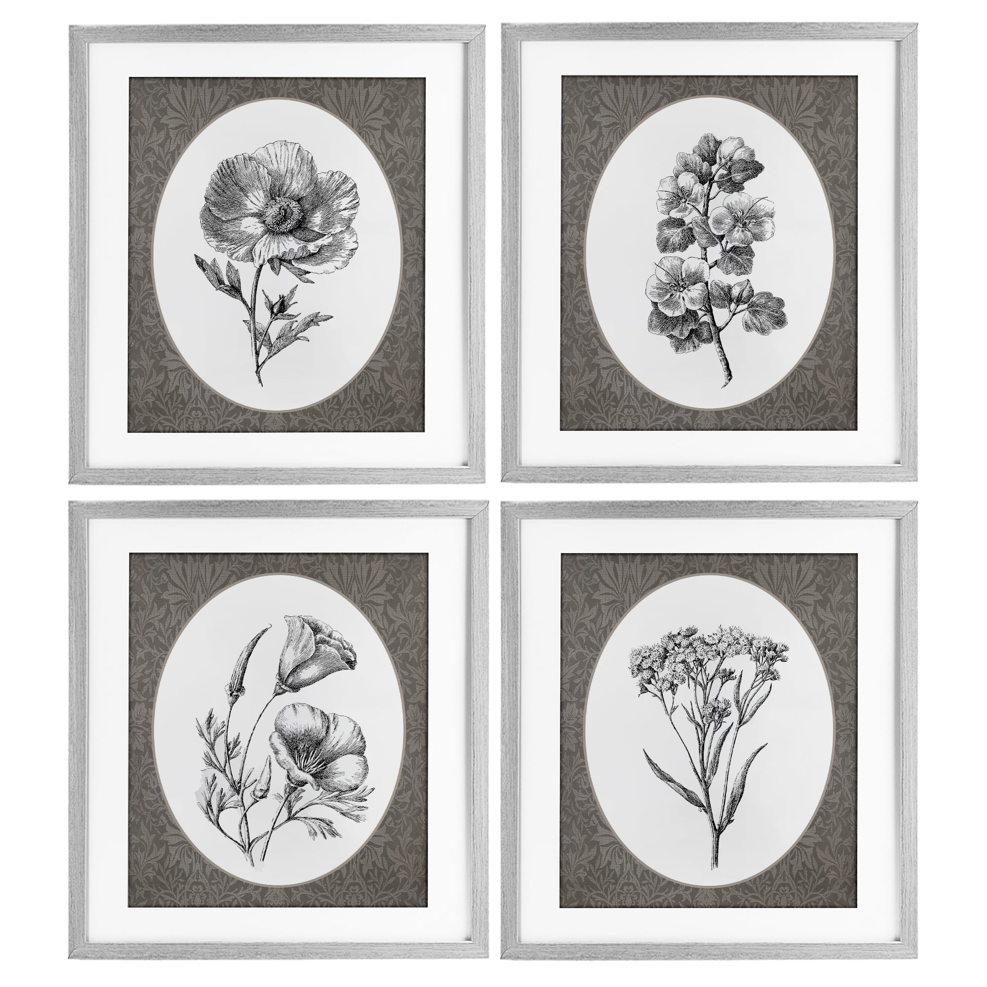 Ornate Blooms over Damask 4 Piece Gray Framed Print Under Glass Set ...