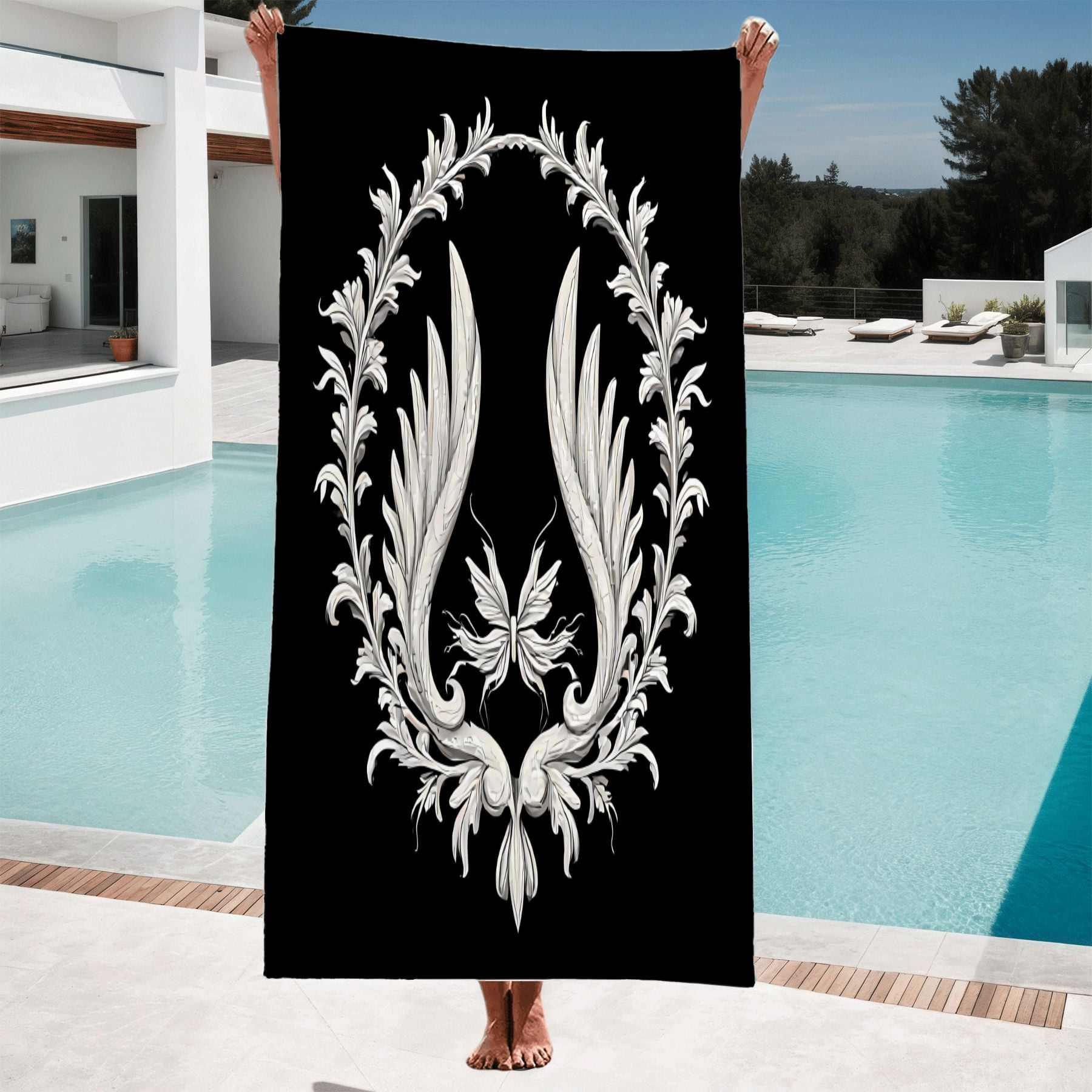 Ornate Butterfly Design Beach Towel - Elegant Floral Motifs ...