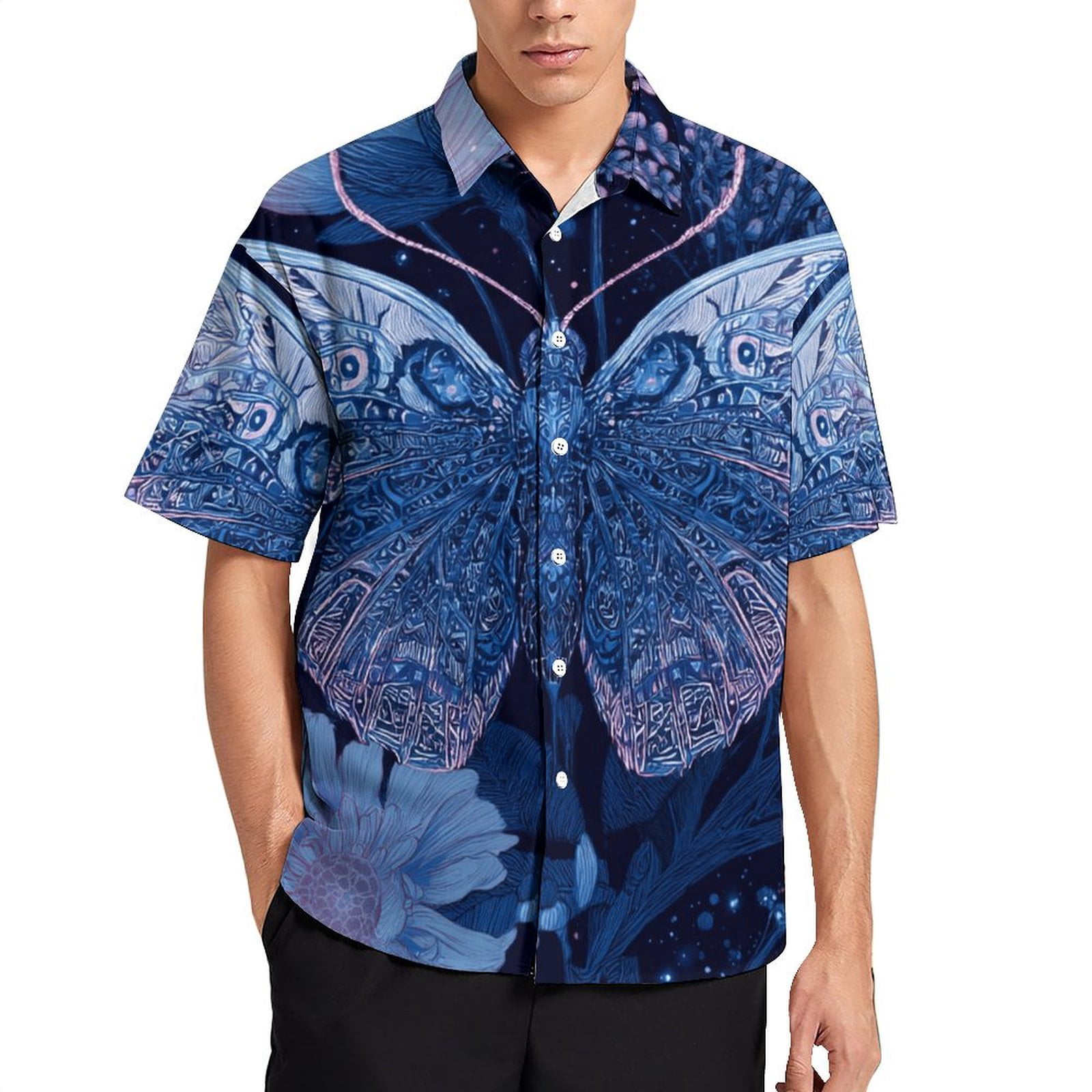 Ornate Butterfly Night Garden Flowers Art Men's Shirt Short Sleeves ...