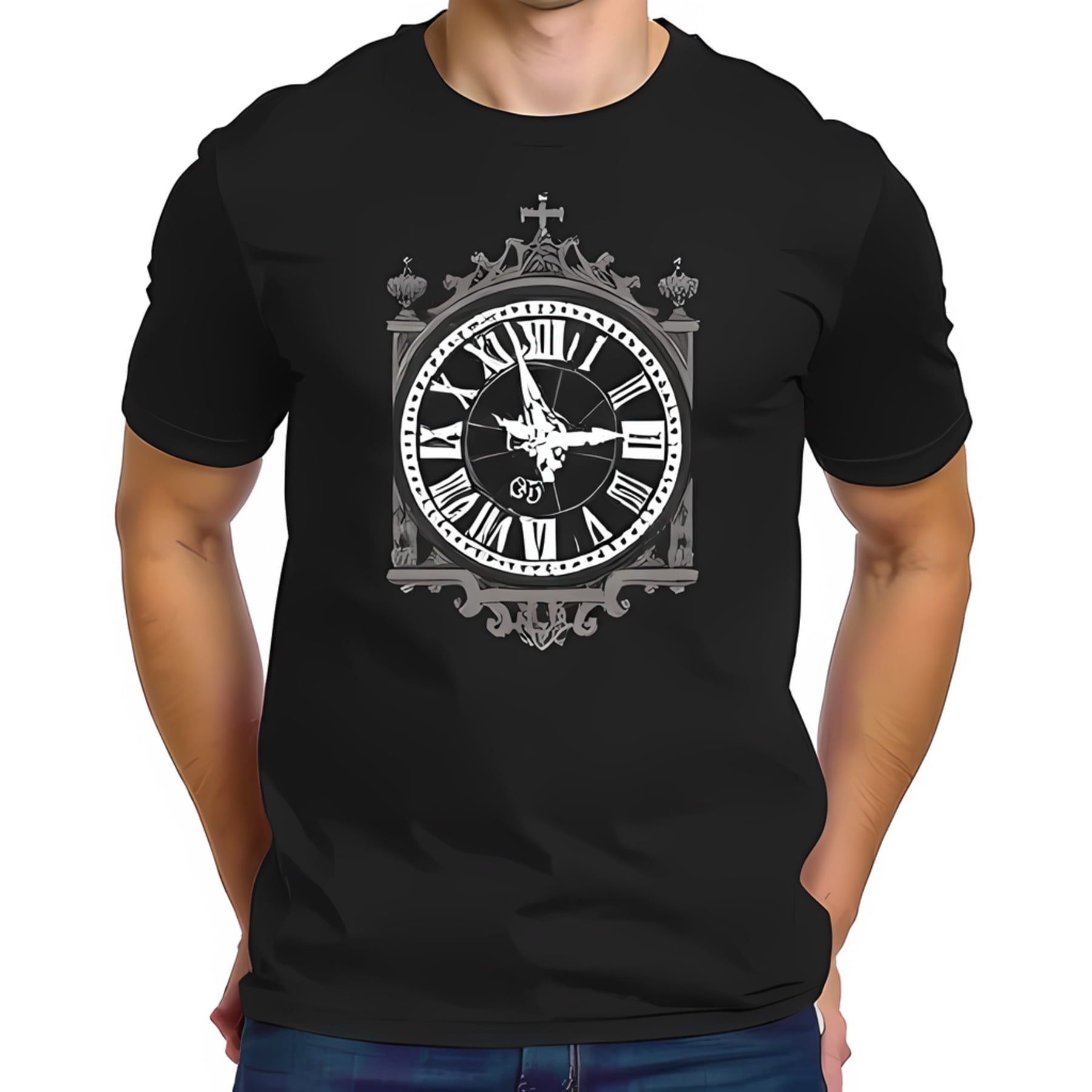 Ornate Clock Graphic Cotton Short Sleeve T-Shirt - Gothic Roman ...