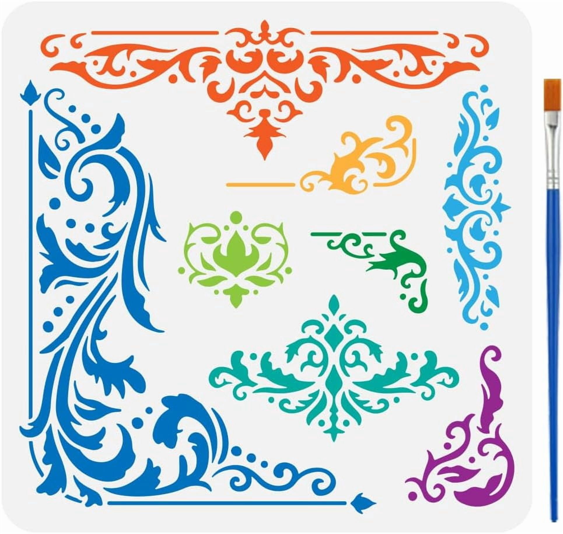Ornate Damask Border Painting Stencil with Brush 11.8x11.8inch Floral ...