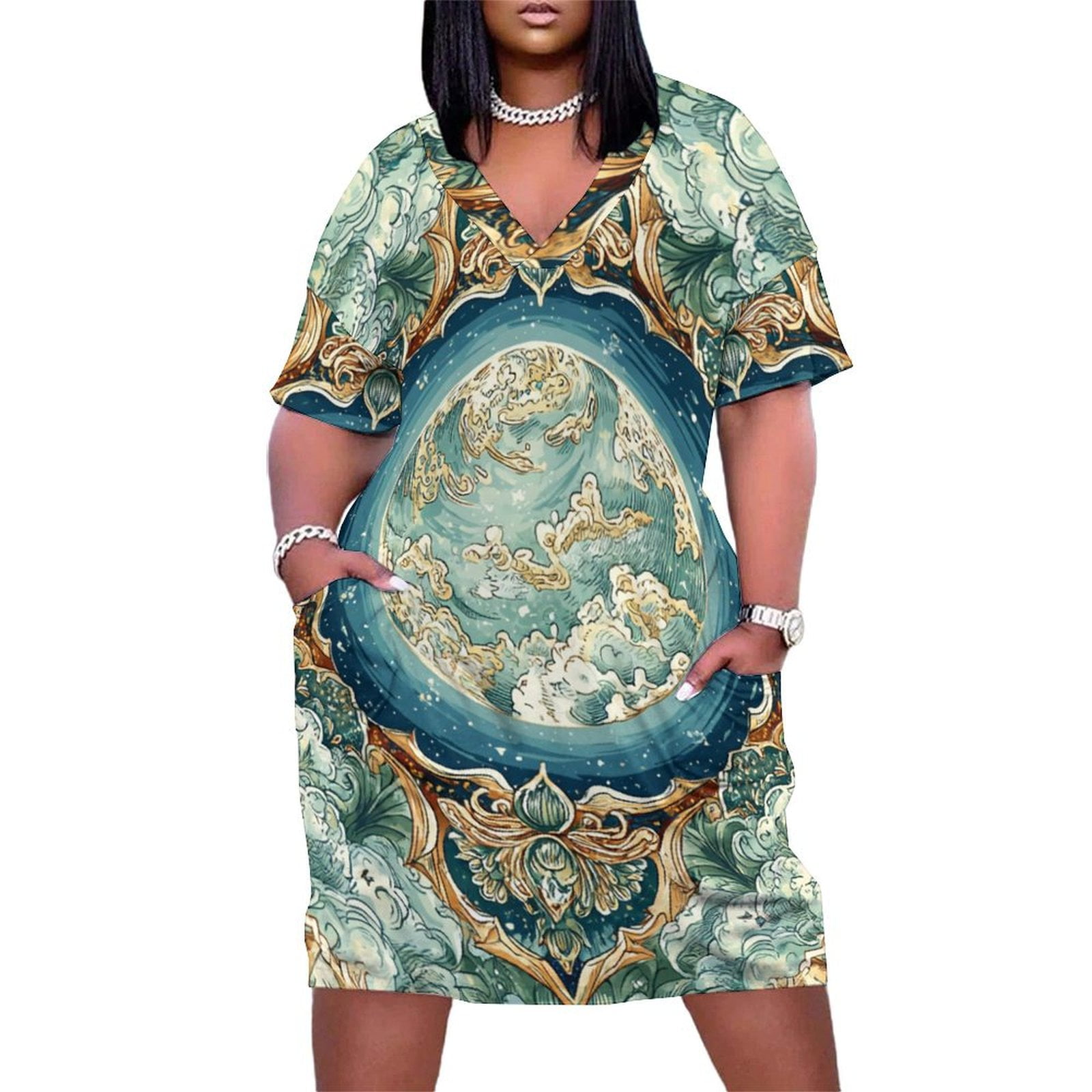 Ornate Frame Encircles Earth Clouds Stars Summer Dresses for Women ...