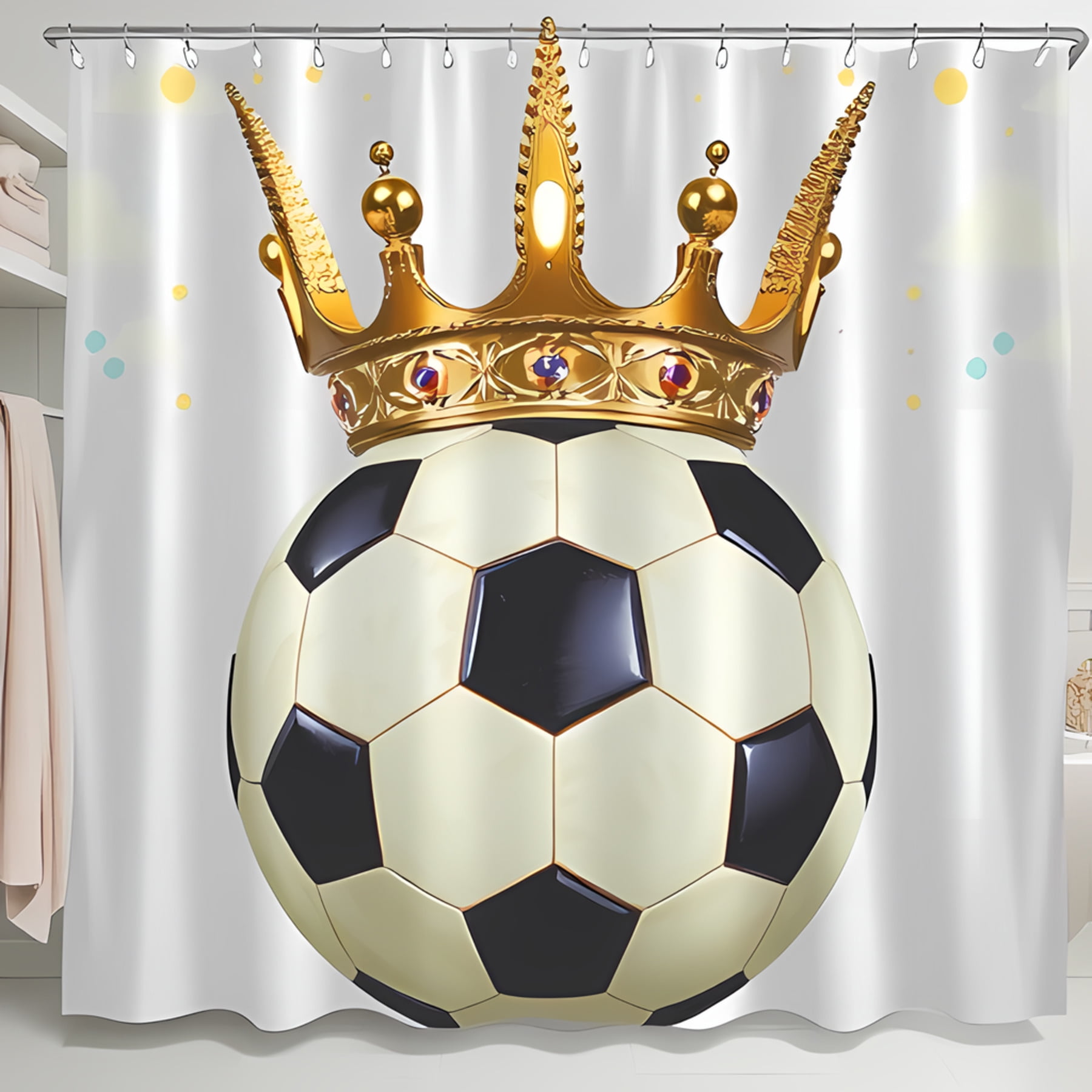 Ornate Golden Crown Shower Curtain with Accents & Classic Soccer Ball ...