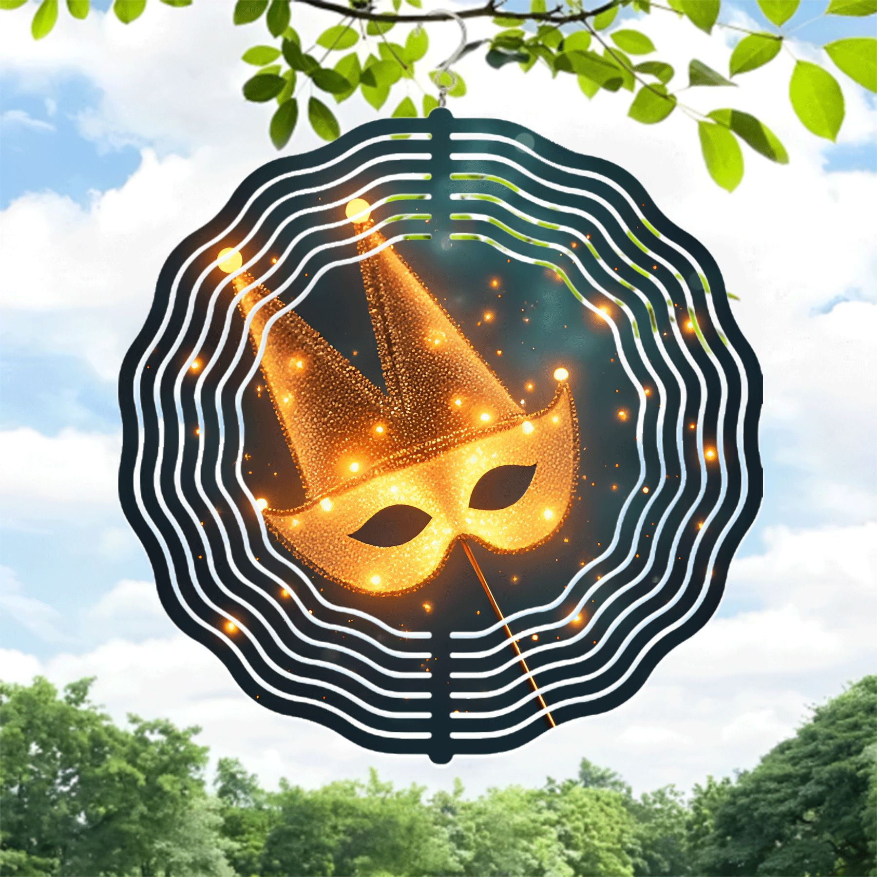 Ornate Golden Jester Mask Metal Wind Spinner - Festive Garden Chime ...