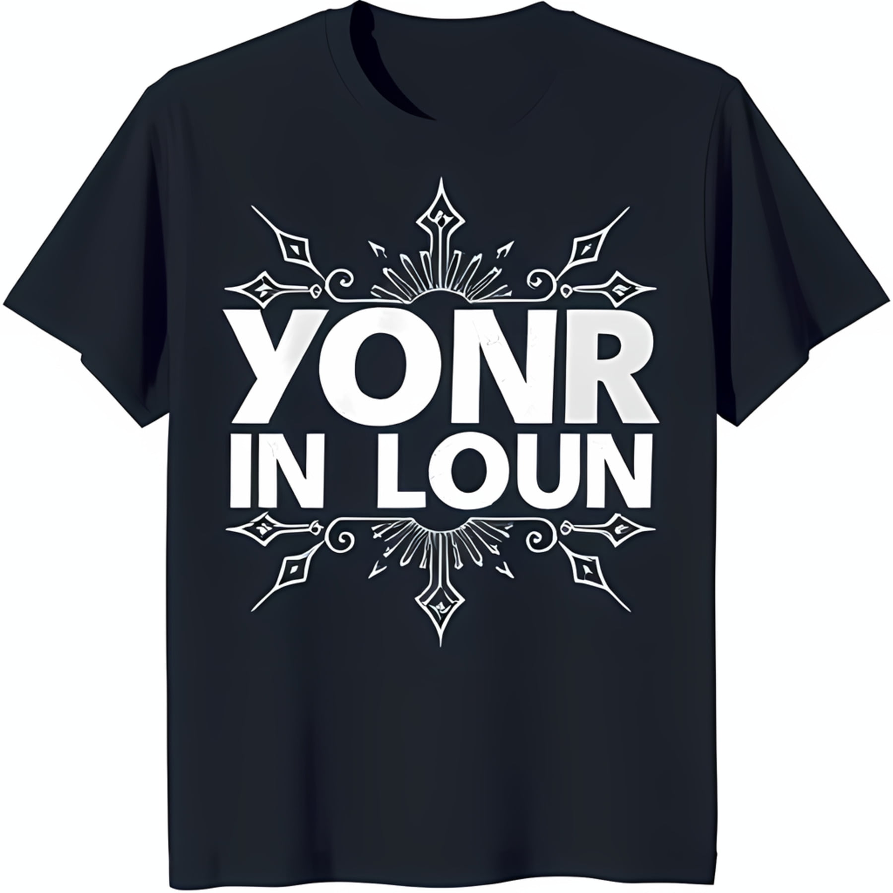Ornate Graphic Black T-Shirt with Bold 'YONR IN LOUN' Print Retro ...
