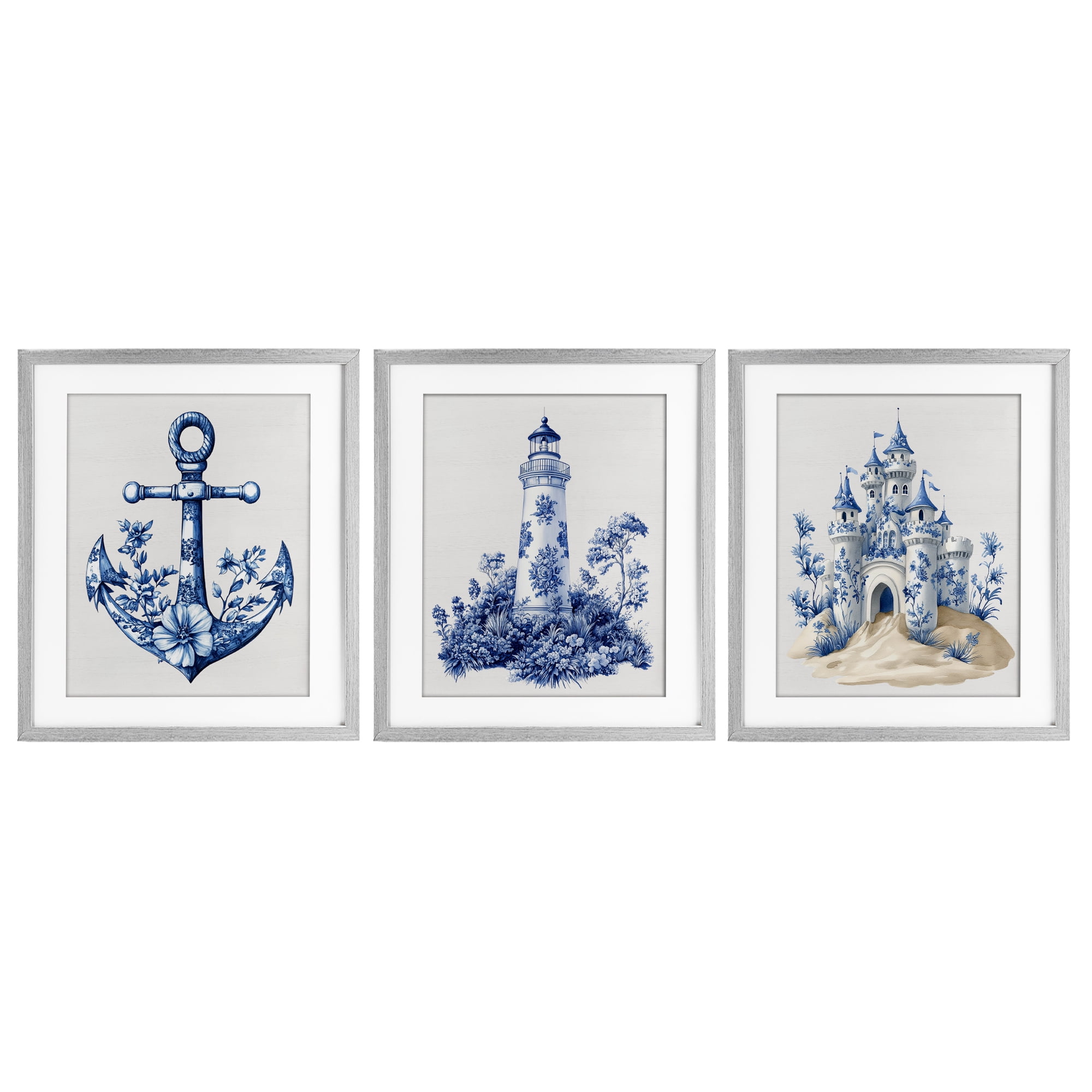 Ornate Nautical Toile Patterns 3 Piece Gray Framed Print Under Glass ...