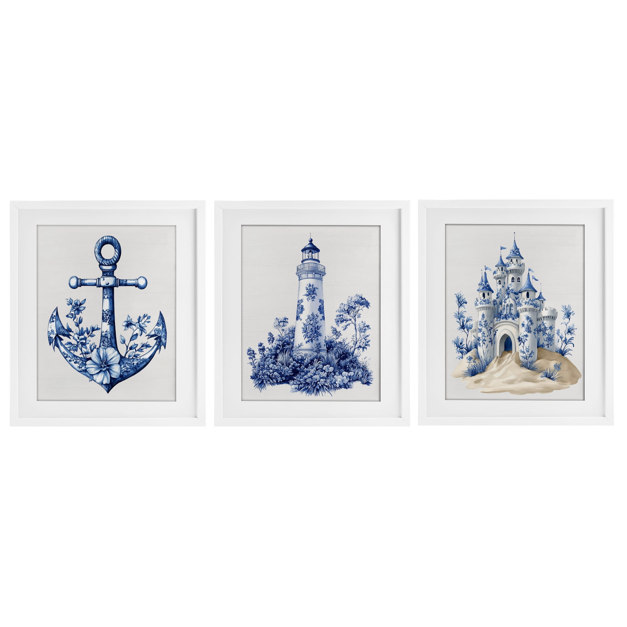 Ornate Nautical Toile Patterns 3 Piece White Framed Print Under Glass ...