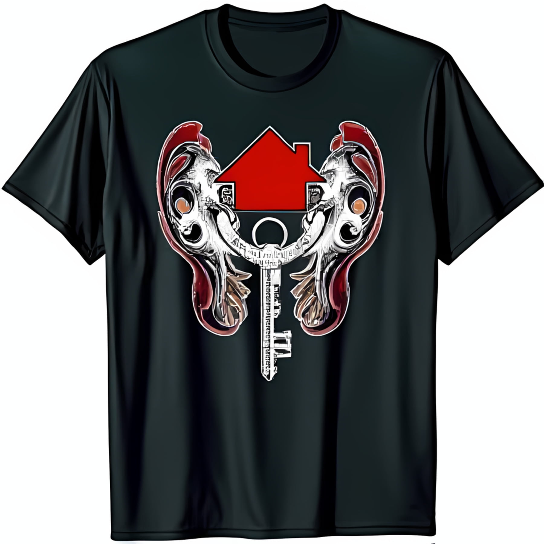 Ornate Silver Key Design T-Shirt Dark Green Tee with Red House & Swirls ...