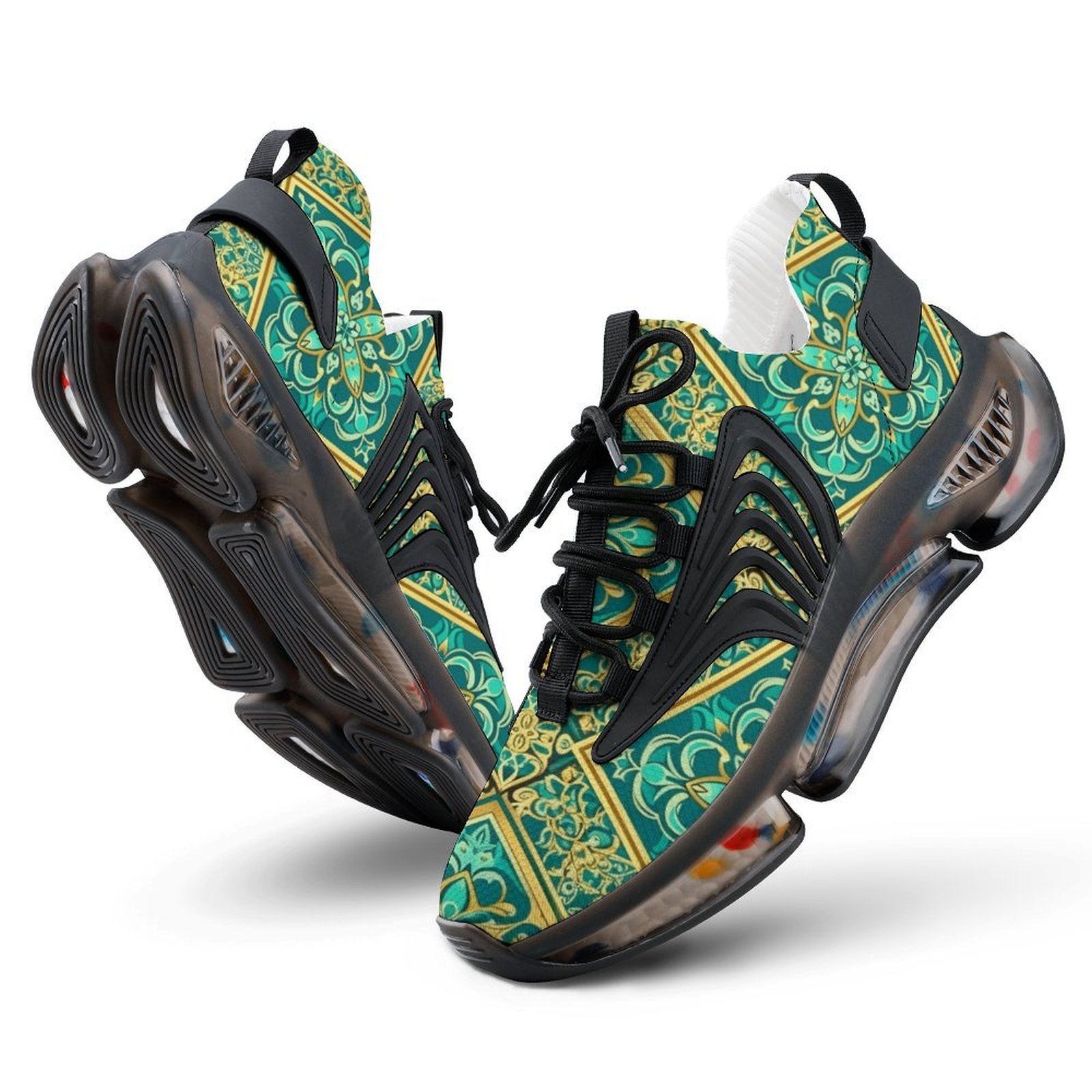 Ornate Teal Gold Diamond Pattern Walking Shoes for Men Woman ...