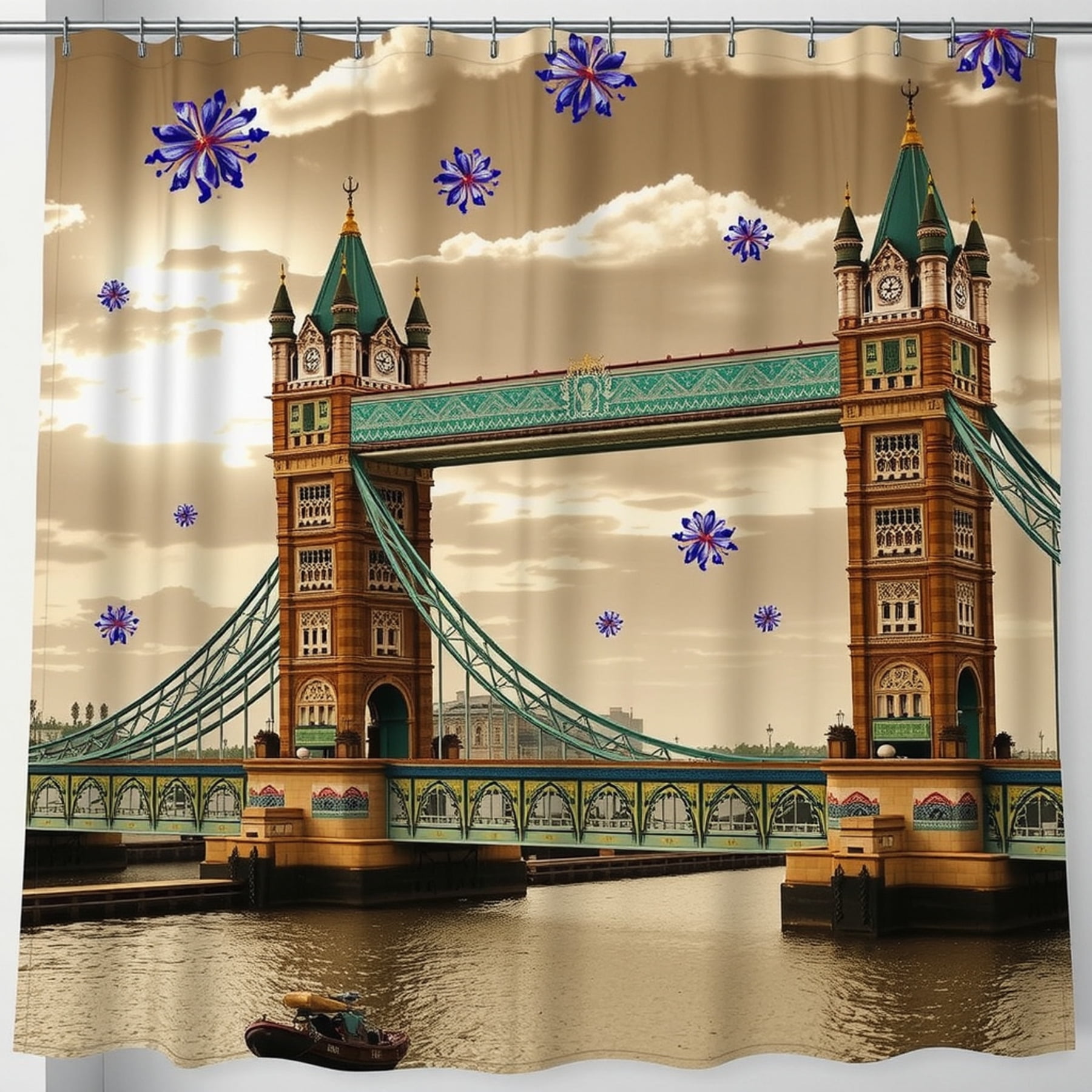 Ornate Tower Bridge Shower Curtain - Sepia Tone with Blue Flowers ...