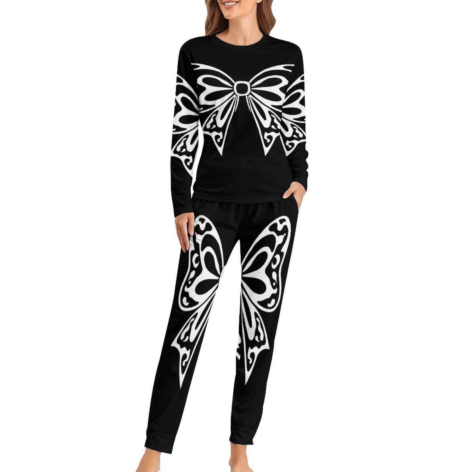 Ornate White Bow Pajamas 2 Pieces Pajama Sets Woman Long Sleeve Night ...