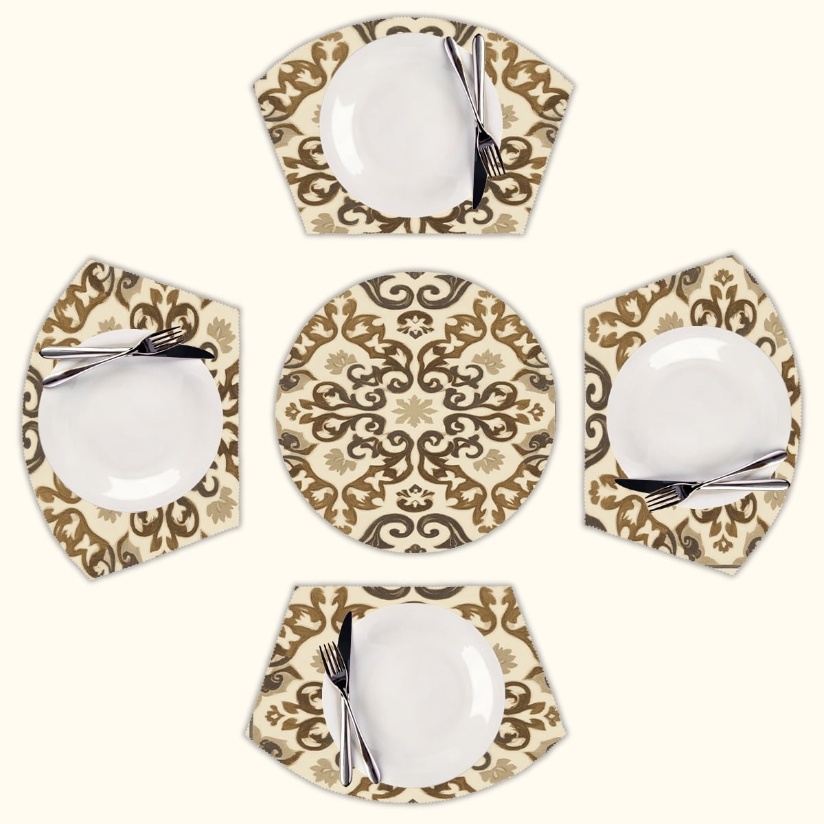 Ornate beige brown pattern rug Round Table Placemats Set Of 5 Wedge Table Mats Washable Heat ...