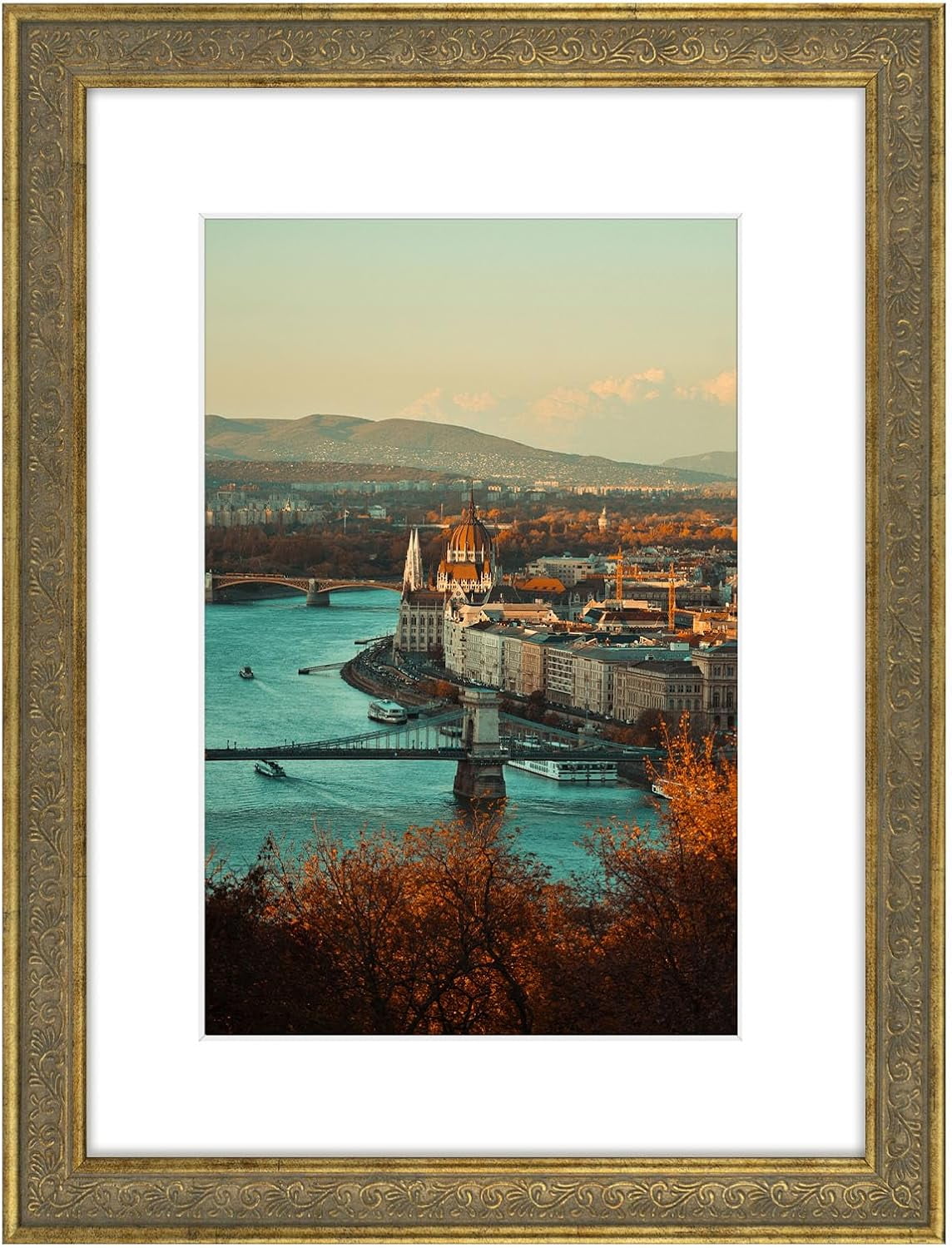 Ornate finish picture frame with white mat, available in multiple sizes ...