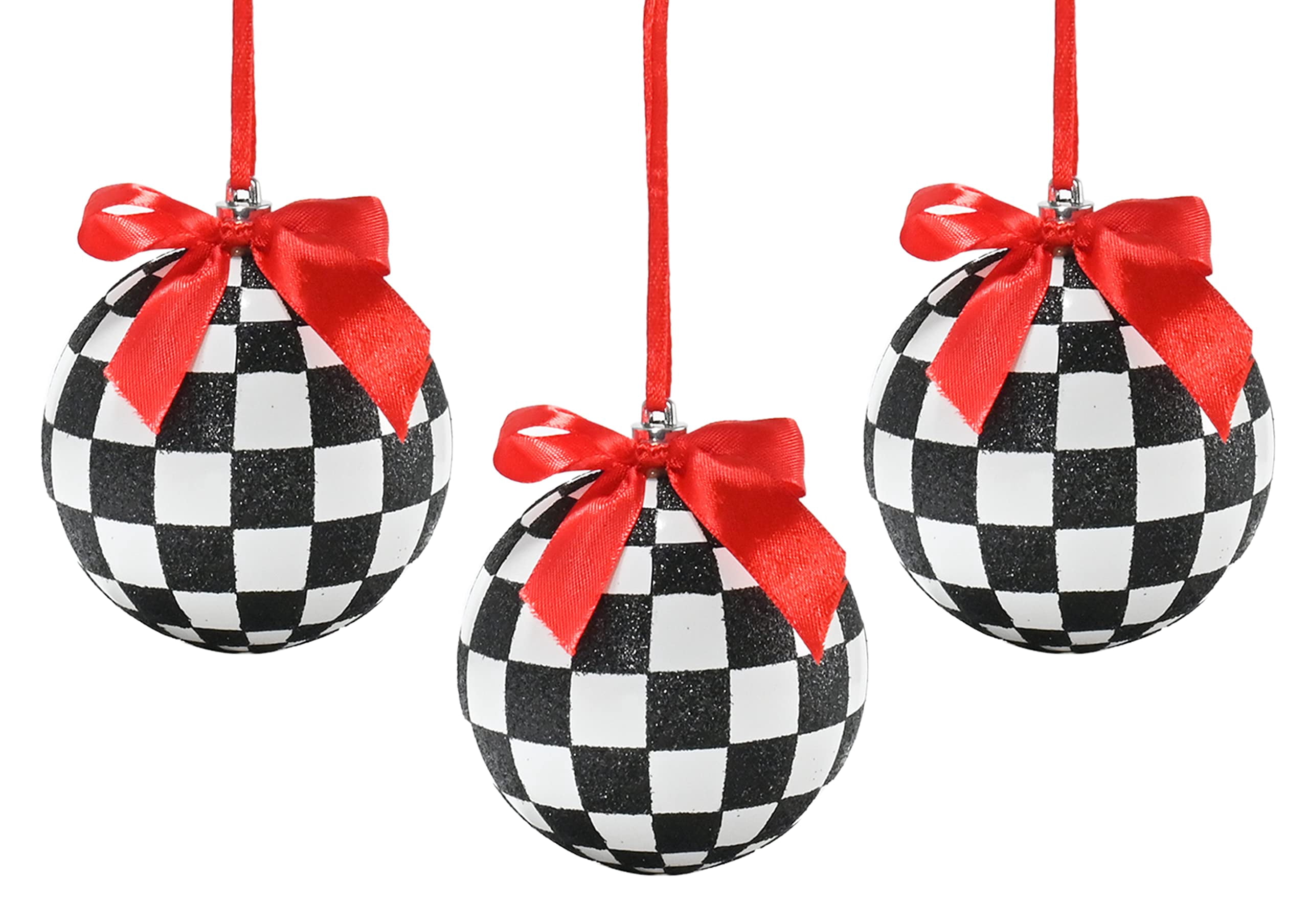 Ornativity Indoor Checkered Ornaments - Glittered Ball with Red Bow ...