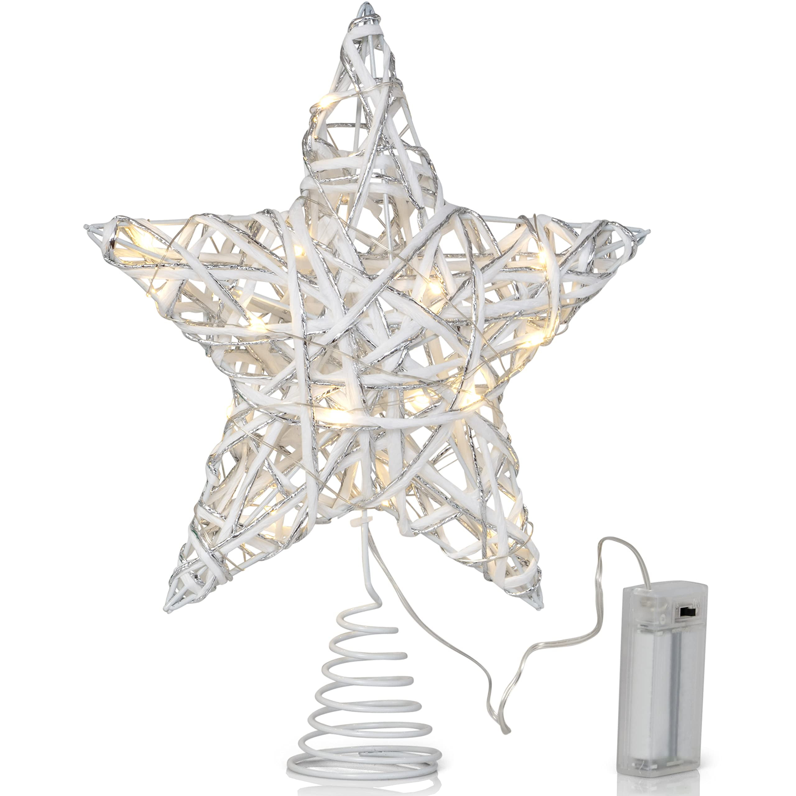 Ornativity Christmas Rattan Tree Topper – White and Silver Xmas Rustic ...