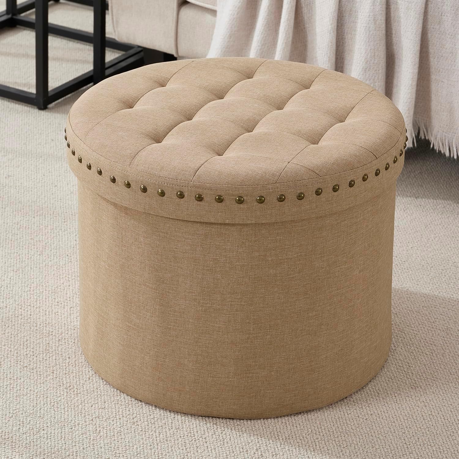 Ornavo Home 20" Round Ottoman with Storage – Large Collapsible Footrest ...