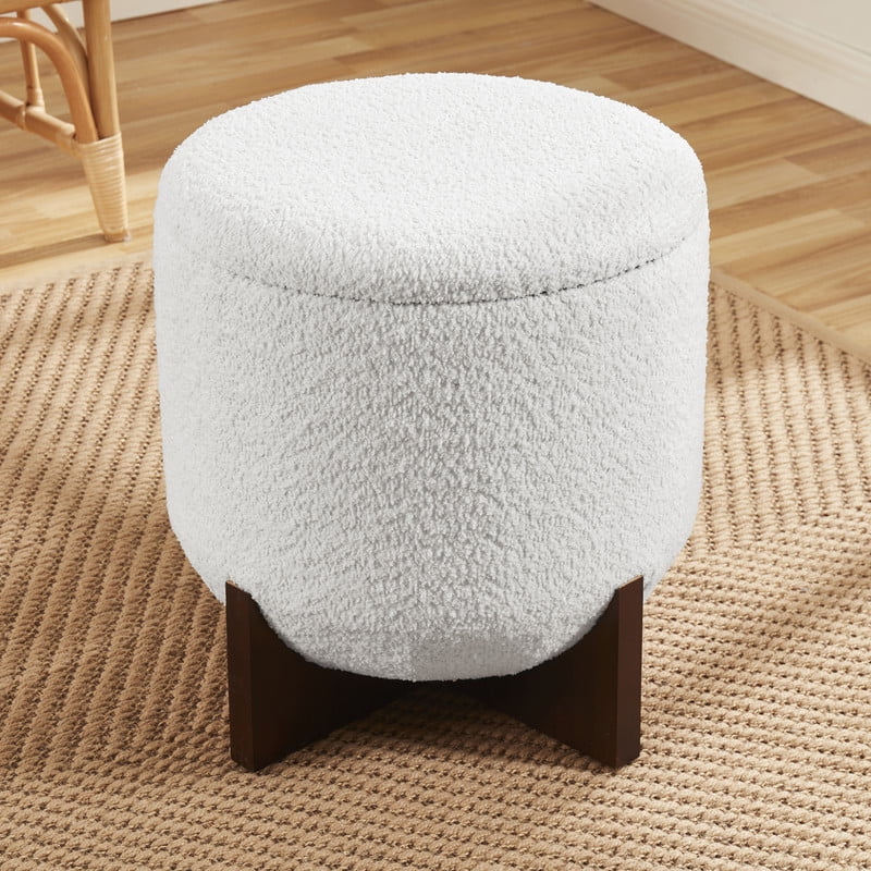 Ornavo Home Decor Round Ottoman with Storage, Boucle White Teddy Round ...