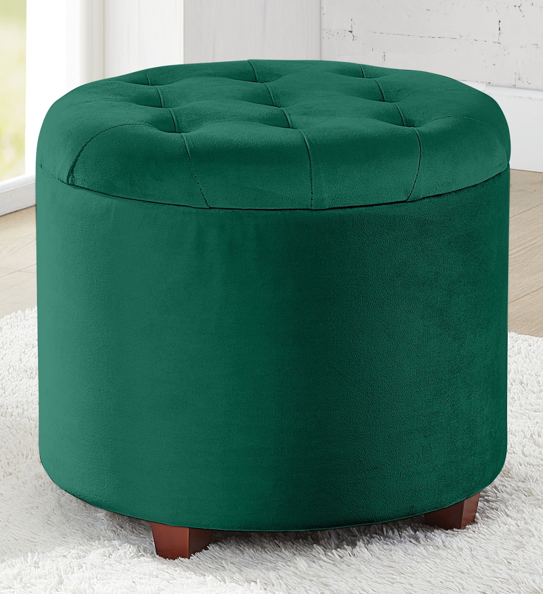 Ornavo Home Green Velvet Storage Ottoman, Round Tufted Footstool with ...