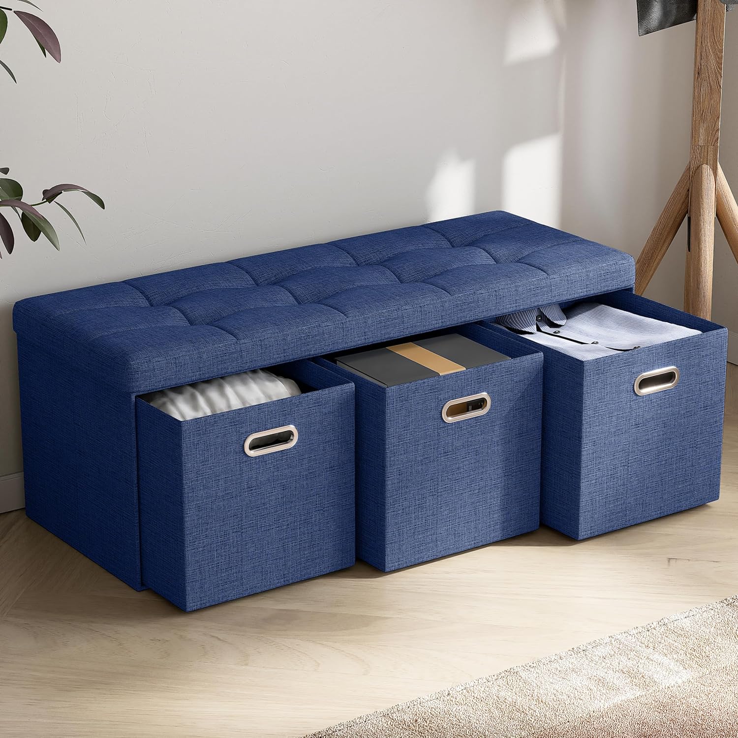 Ornavo Home Foldable Tufted Linen Storage Ottoman Cube Foot Rest Stool ...