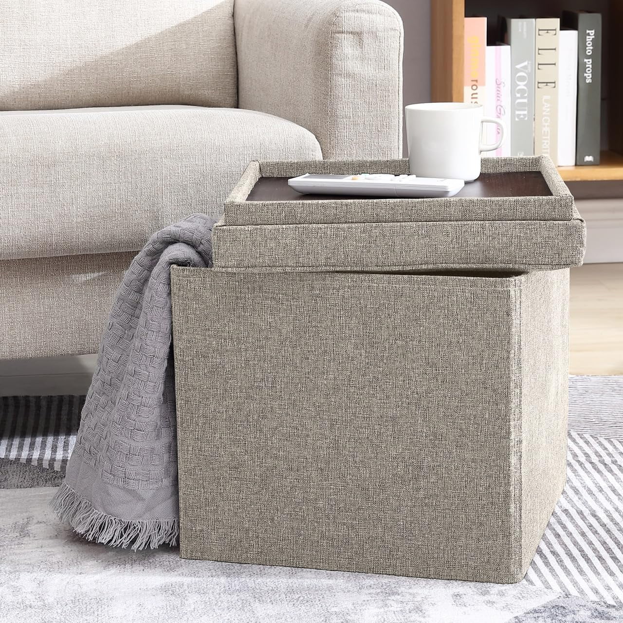 Ornavo Home Foldable Tufted Linen Storage Ottoman Square Cube Storage ...