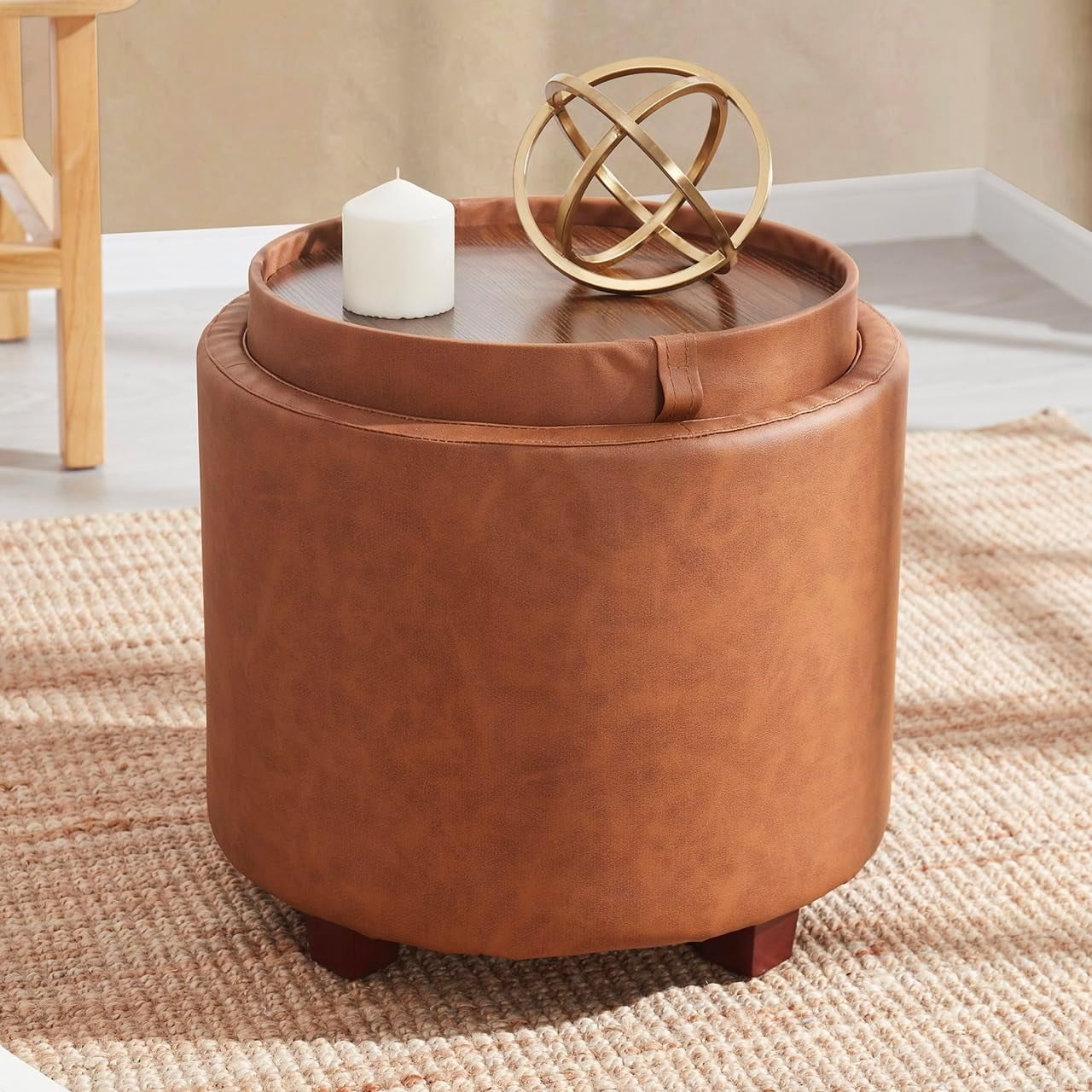 Ornavo Home Lawrence Round Storage Ottoman with Lift Off Lid and Tray ...