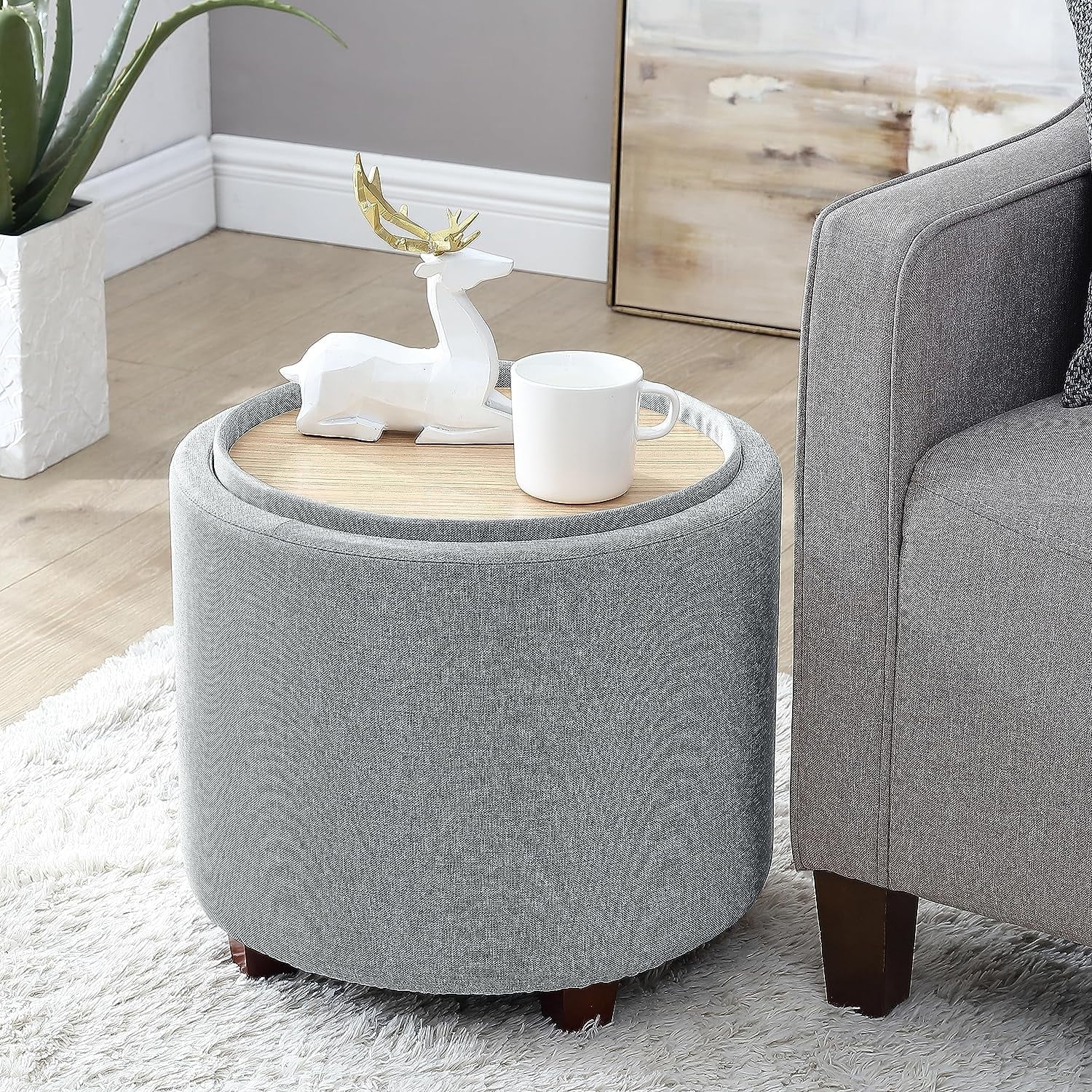 Ornavo Home Lawrence Round Storage Ottoman with Lift Off Lid and Tray ...