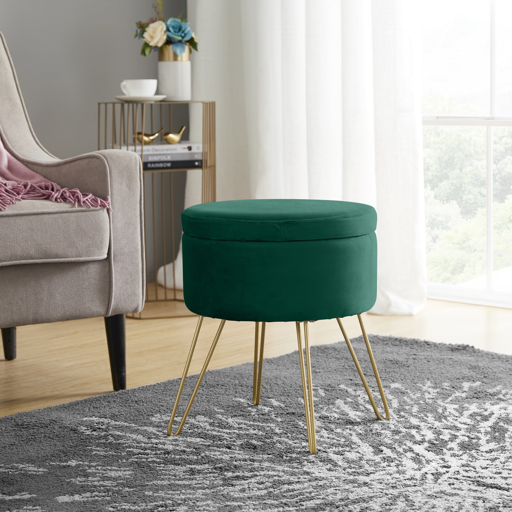 Ornavo Home Modern Round Velvet Storage Ottoman Foot Rest Stool/Seat ...