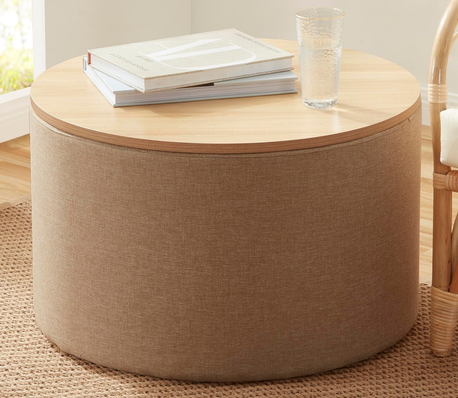 Ornavo Home Parker Large Round Storage Coffee Table Ottoman with Wooden ...