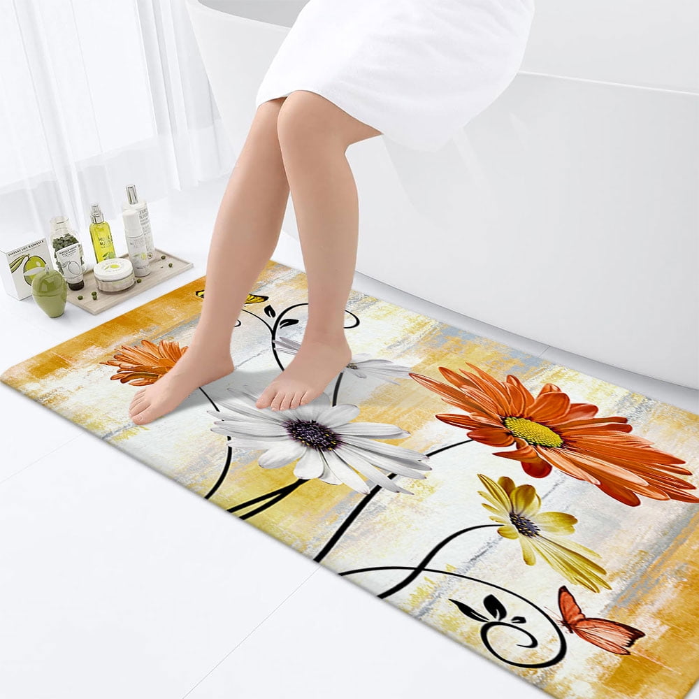 Oroange Daisy Floral Bathroom Rugs, Farm Rustic Farmhouse and Butterfly ...