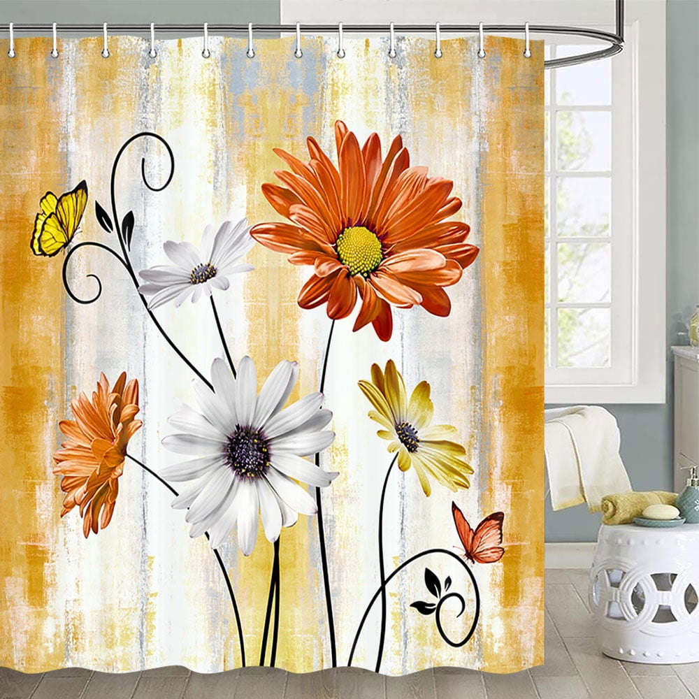 Oroange Daisy Floral Shower Curtain, Farm Rustic Farmhouse and ...