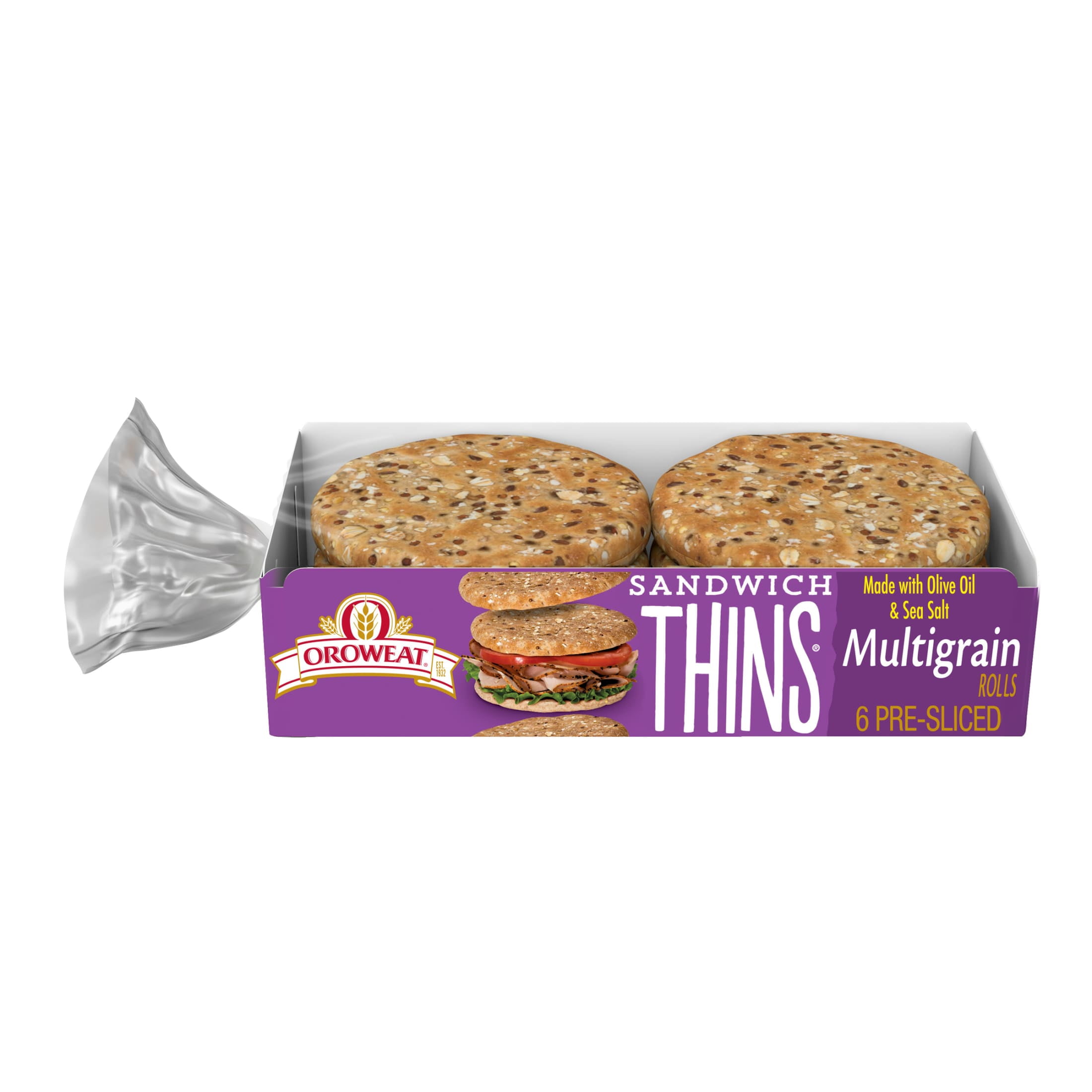 Oroweat Multigrain Sandwich Thins 6 count Pre-sliced Whole Wheat Rolls ...