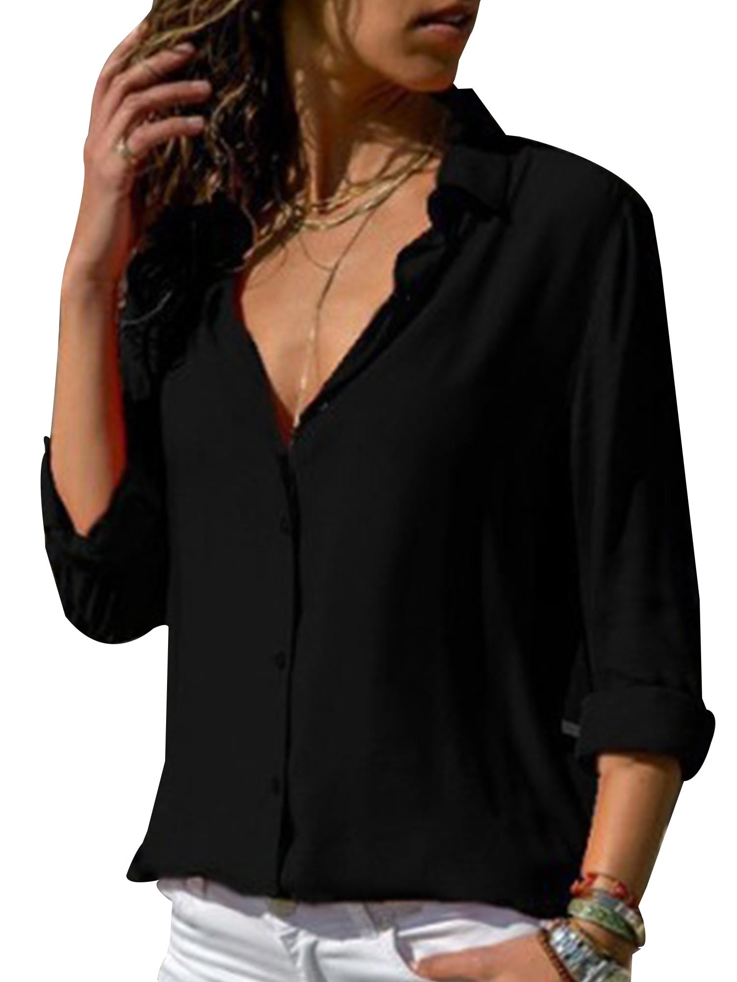 Orqqct Women Solid Lapel Neck Button Up Long Sleeve Casual Blouses ...