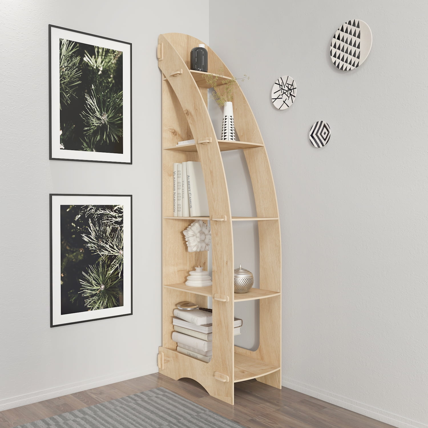 Orsa 71'' Wood Storage Bookcase Shelf, Corner Unit with Natural Oak ...