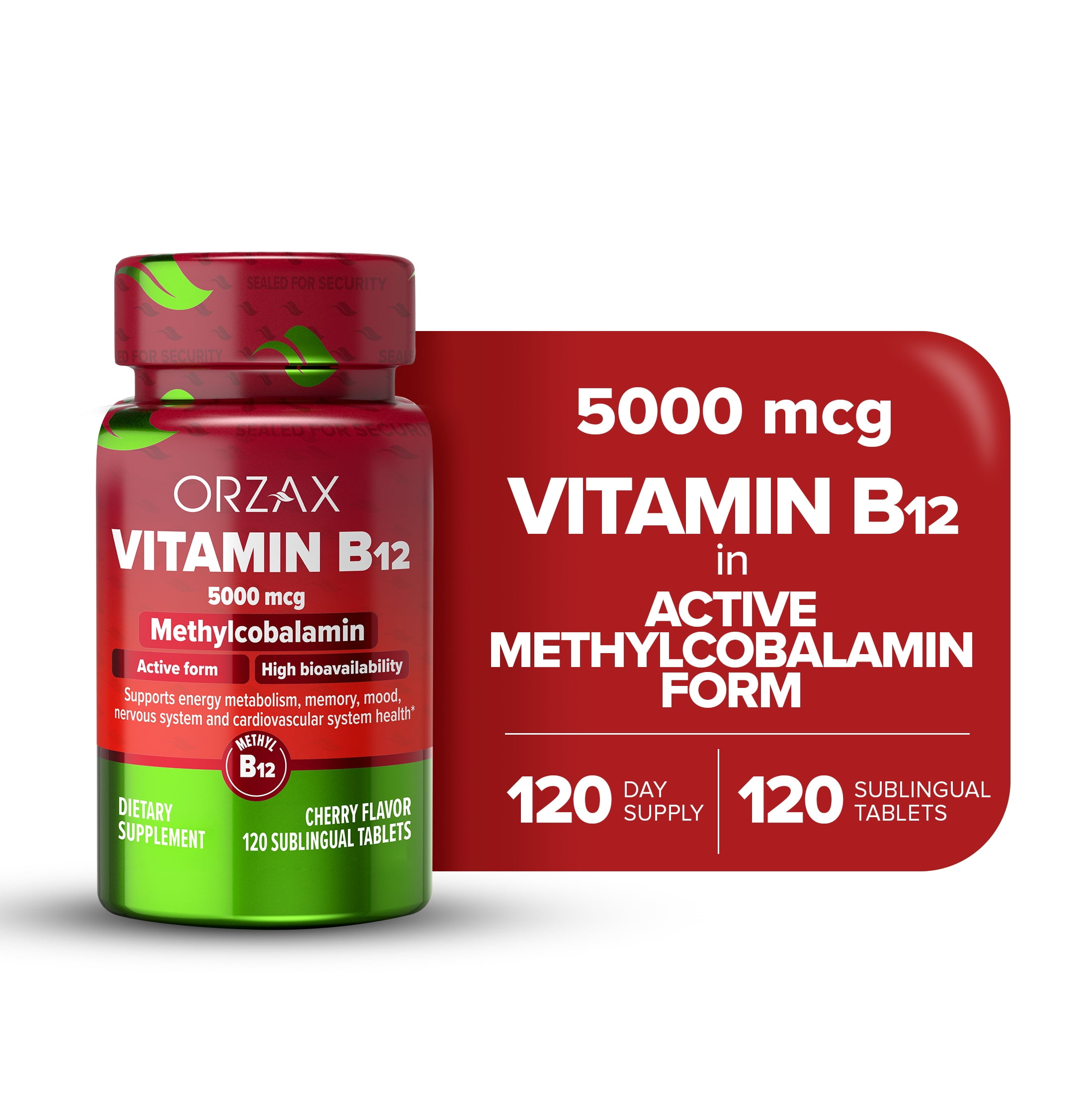 Orzax Vitamin B12 5000 mcg - Energy, Memory, Mood Support - 120 Cherry ...