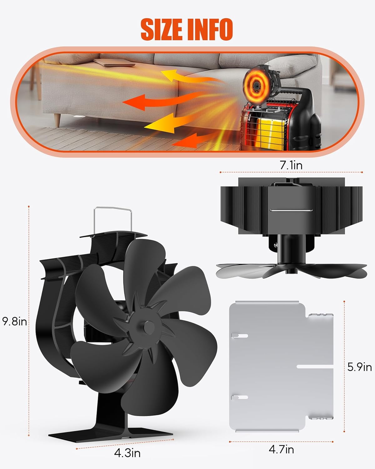 Oscillating Fan, Heat Powered 6 Blade Wood Stove Fan with Top Tray Auto ...