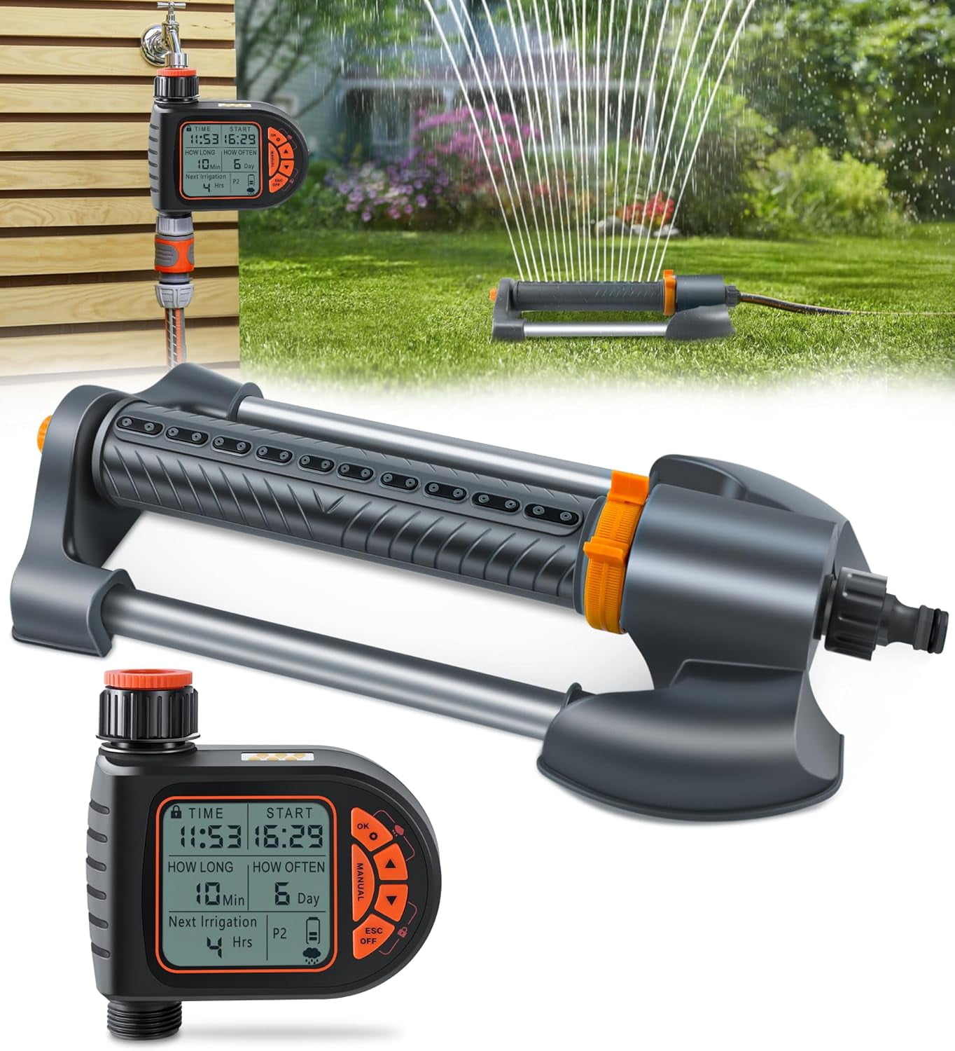 Oscillating Sprinkler with Irrigation Timer, Adjustable Sprinklers for ...